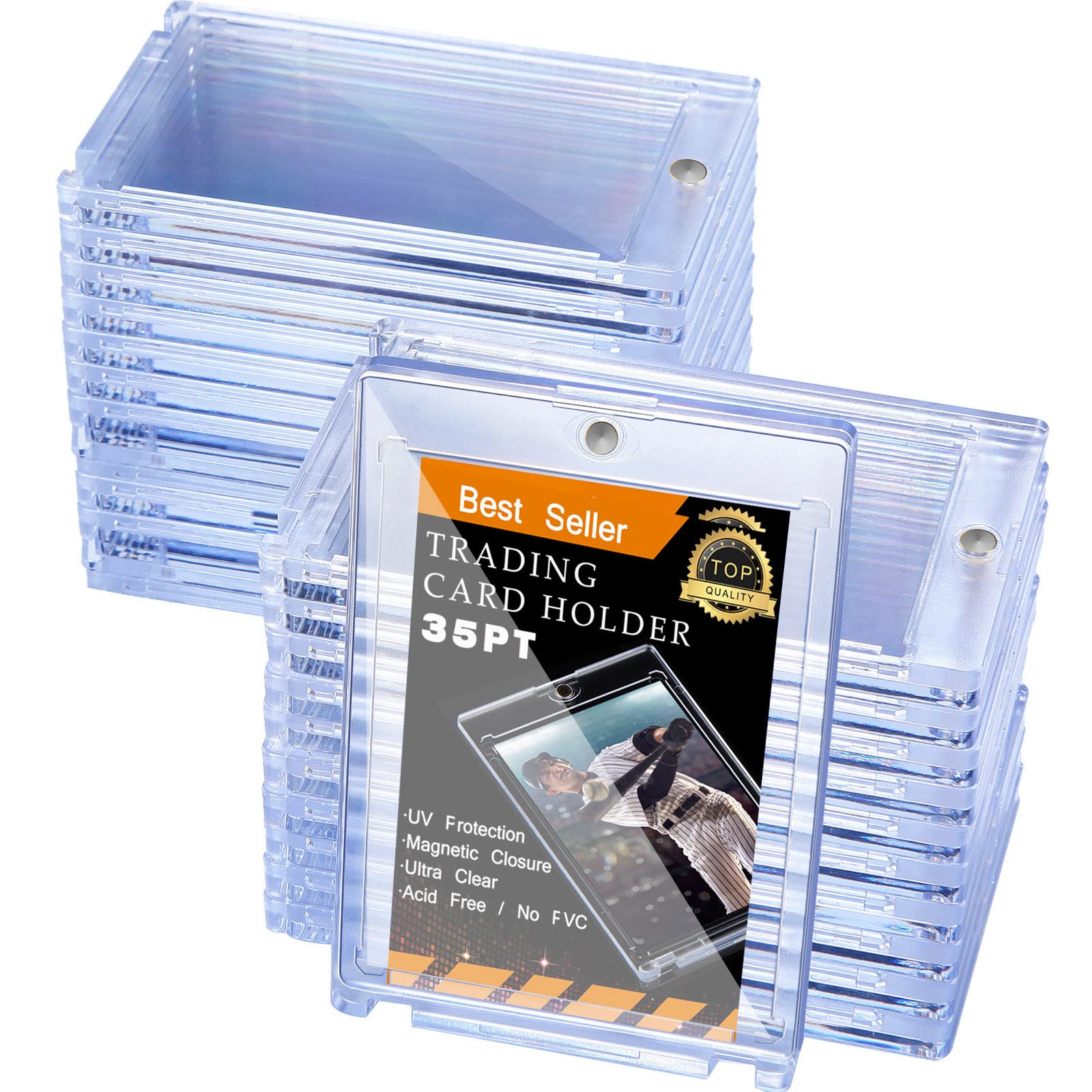 Zonon 15 Pieces Magnetic Card Holder Cases Acrylic Card Holder 35 PT Clear Trading Cards Protectors for Sports Cards Baseball Football Hockey Cards Game Card Storage and Display (Silver Magnet)