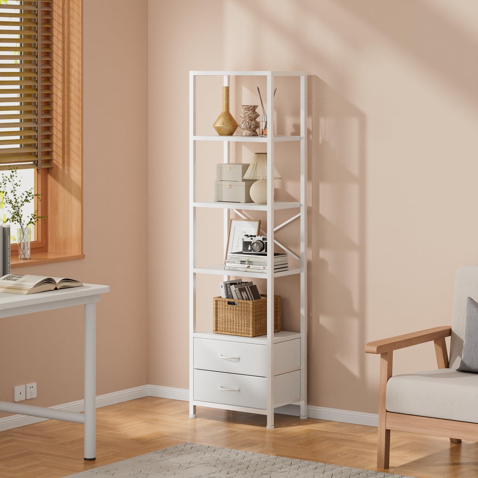 Furnulem 5-Tier Corner Shelf, Narrow Bookshelf with 2 Storage Drawers, Tall Bookcase, Standing Shelf Organizer Unit for Living Room, Bedroom, Metal Frame, Wood Display Shelf(White)