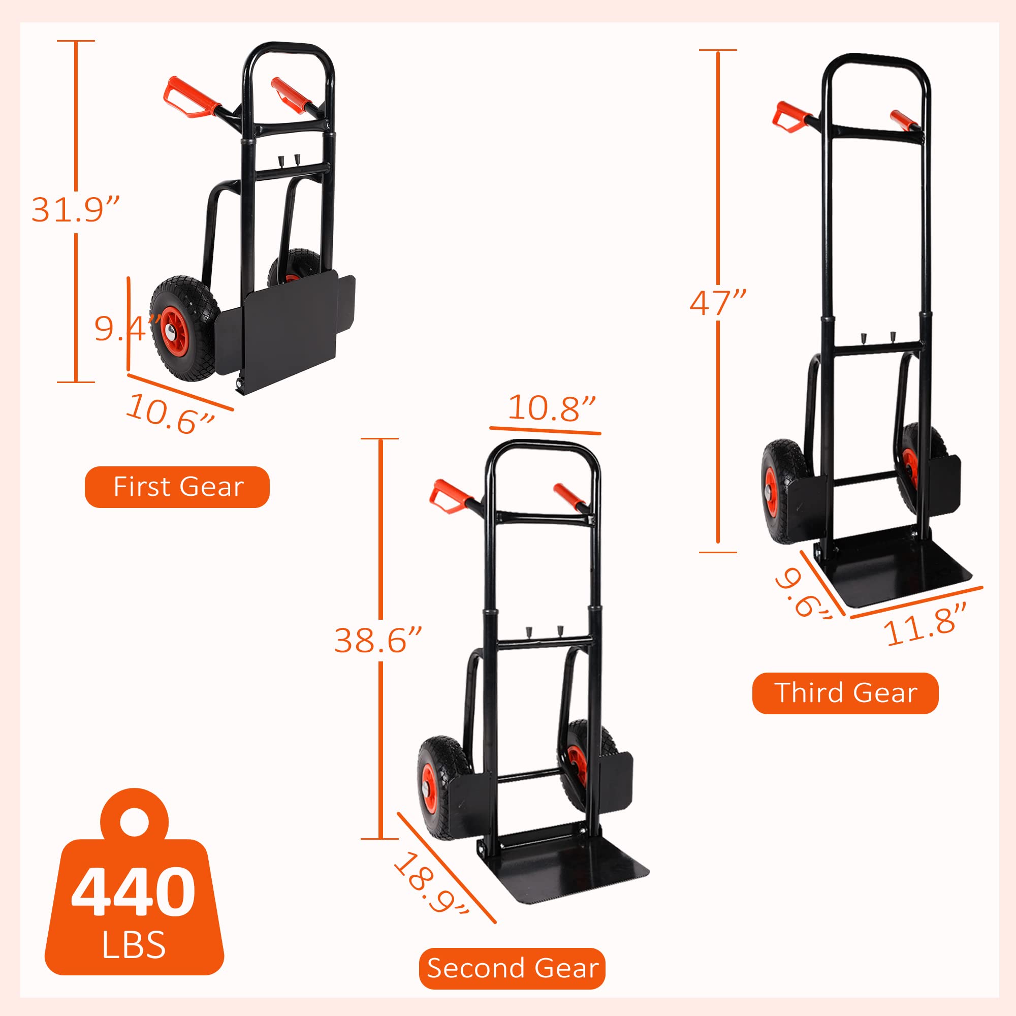 Endynino Portable Hand Truck, Heavy Duty Iron Dolly Cart with Telescoping Handle 440 lbs Capacity, PU Wheels and 3 Position Height Adjustable, Lightweight Utility Trolley Cart for Garage, Warehouse