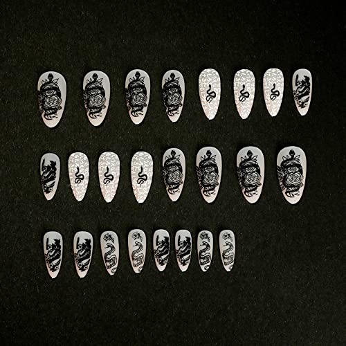IMSOHOT Matte Long Press on Nails Almond Stiletto Snake Fake Nails Full Cover Black False Nails with Designs White Glue on Nails Acrylic Nails for Women