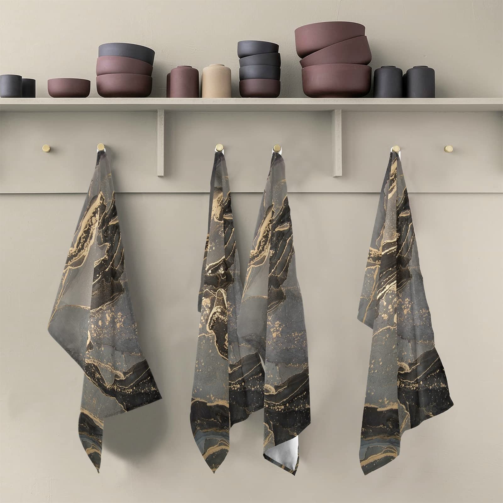Dallonan Kitchen Towels Set of 4 Luxury Abstract Black Gray Gold Marble Polyester Soft Absorbent Dishcloths Decorative Towels for Kitchen Hand Towels, Dish Towel, Tea Towels, 28x18 Inch