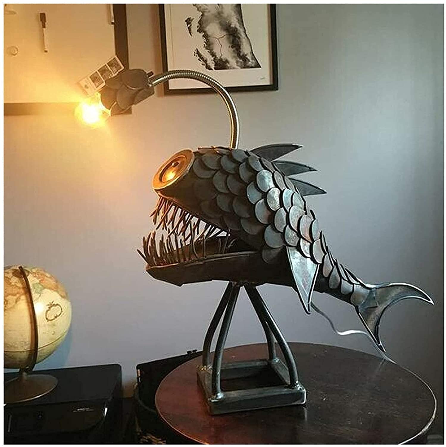 Creative Rustic USB Angler Fish Lamp Shark Lamp Handmade Unique Lamp LED Light,Floor-Standing USB Interface Retro Art Table Lamps (Large)