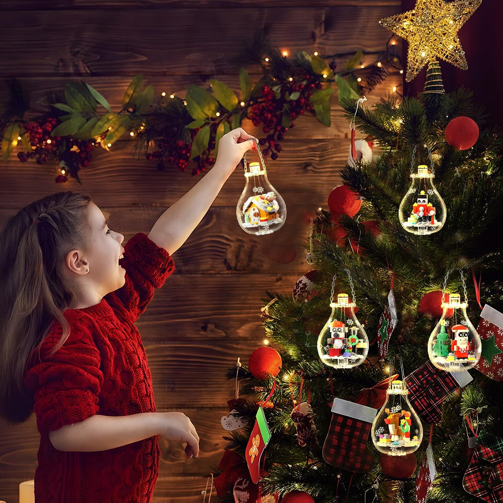 Christmas Building Block Set, Christmas Tree Ornament Decoration with Light, Compatible with Lego, Santa Claus Gingerbread House Nutcracker Elk Polar Bear Toy, Suitable Suitablefor Kids 6+(404 Pcs)