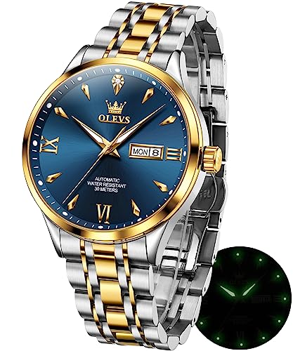 OLEVS Automatic Watches for Men Mechanical Self Winding Luxury Business Calendar Waterproof Luminous Stainless Steel Wrist Watch Gold Blue