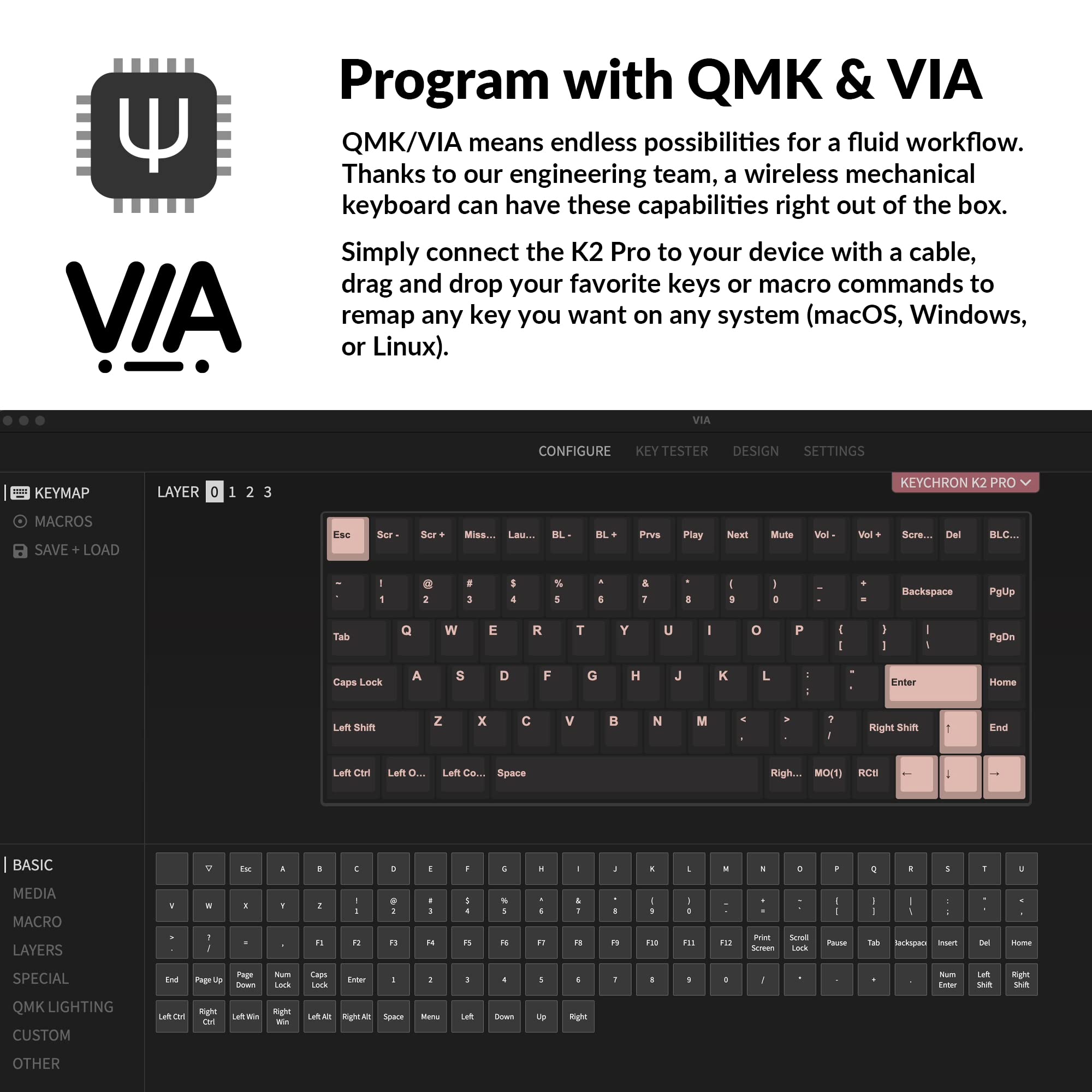Keychron K2 Pro QMK/VIA Wireless Mechanical Keyboard, Custom Programmable Macro Wired Keyboard with Hot-Swappable K Pro Blue Switch White LED Backlight PBT Keycaps for Mac Windows Linux