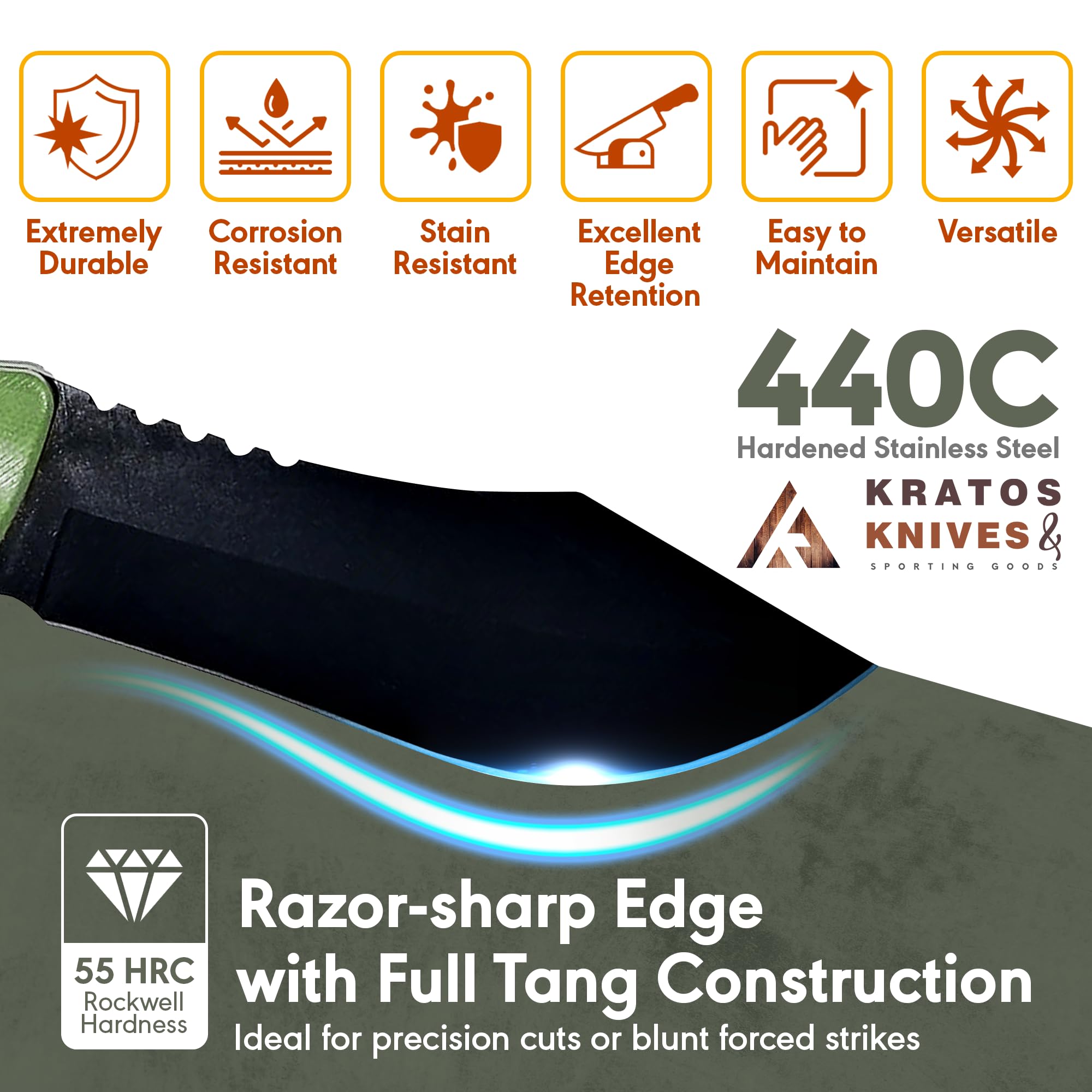 Bushcraft Knife Full Tang with Sheath, 10.2" Fixed Blade Survival Knife with 440C Hardened Stainless Steel, Leather Sheath Included by Kratos - ZFS5