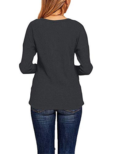 Glanzition Tops for Women Long Sleeve Casual V Neck Plain Loose Fit Sweaters Grey L