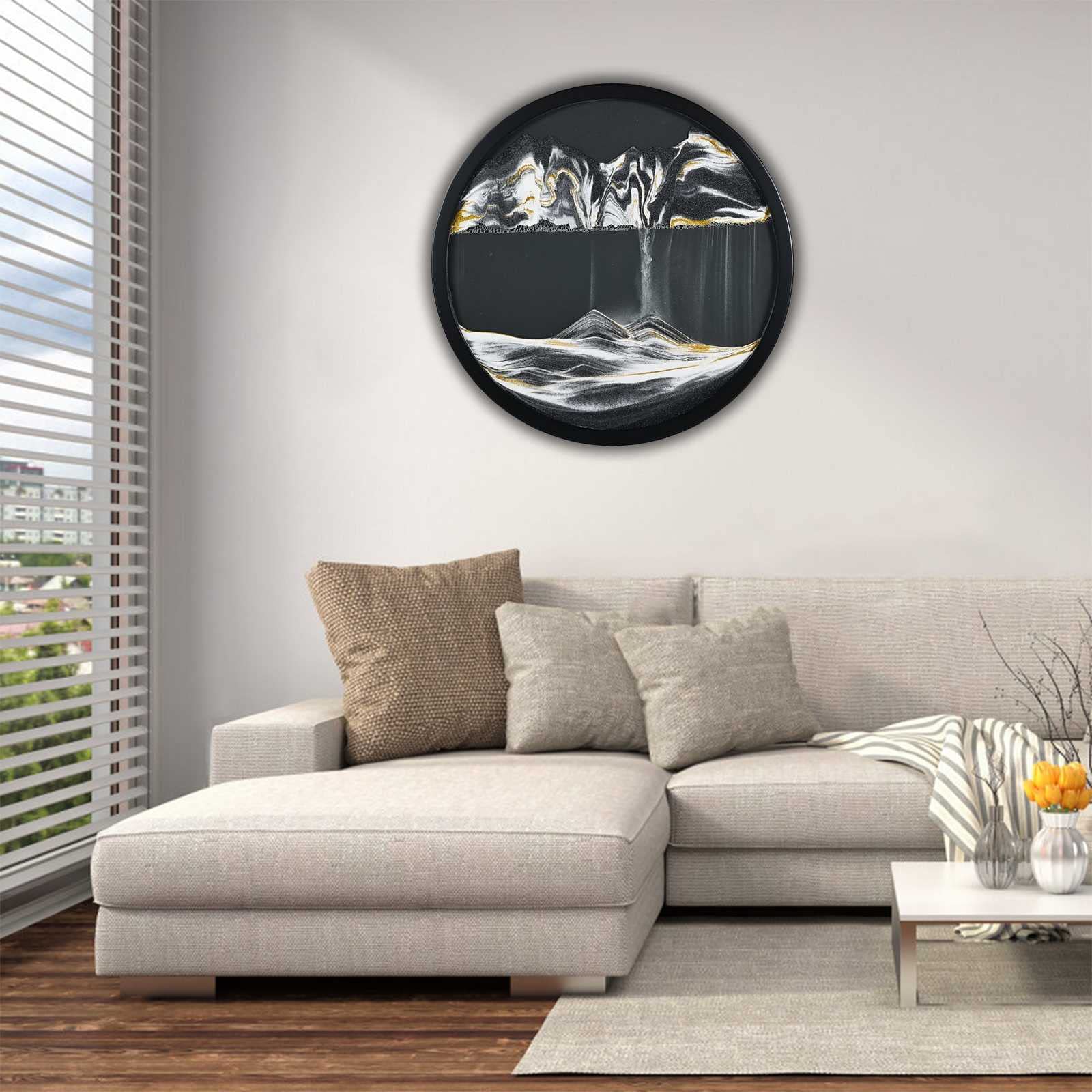 ETULLE Moving Sand Art Picture, 360° Rotating Wall Art Mounted Glass Crafts, Round Glass 3D Deep Sea Sandscape in Motion Display Flowing Sand Gift for Home Office Wall Art Decor