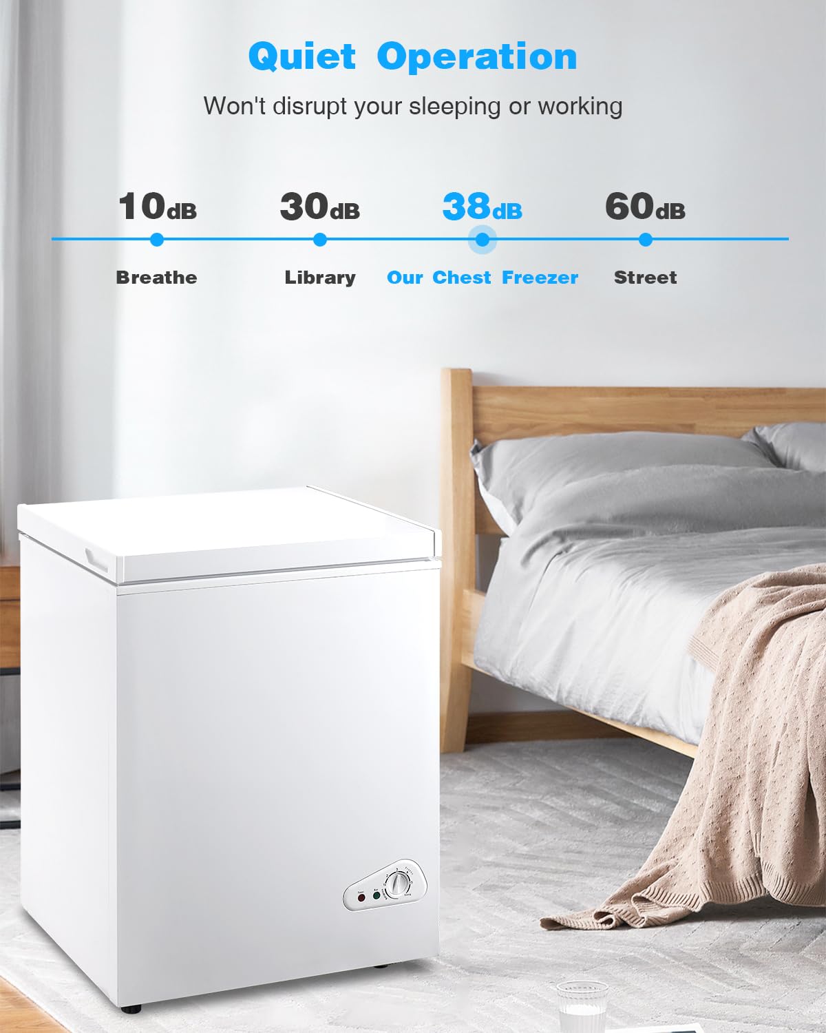 EUASOO 5 Cu.Ft Chest Freezer with a Removable Basket 7 Gears Adjustable Temperature Control(-18°F to -46°F), Deep Compact Freezer for Garage, Office, Basement, House, Kitchen, Shop, RVs-White