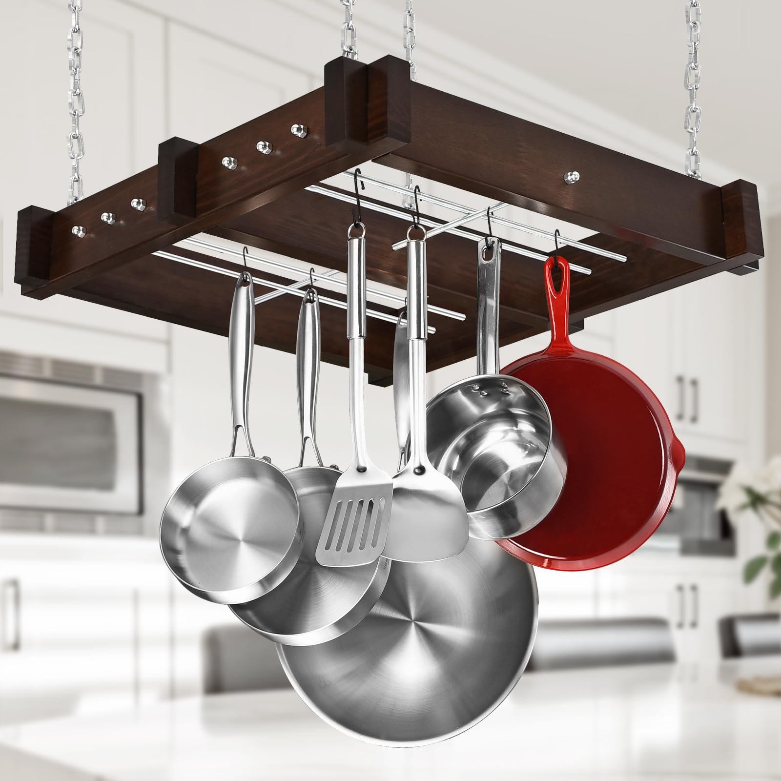 CAROD Pot Rack Hanging, Hanging Pot Rack Ceiling Mount, Vintage Pot and Pan Hanger Organizer for Kitchen Cookware Utensils Storage, 12 Moveable Hooks