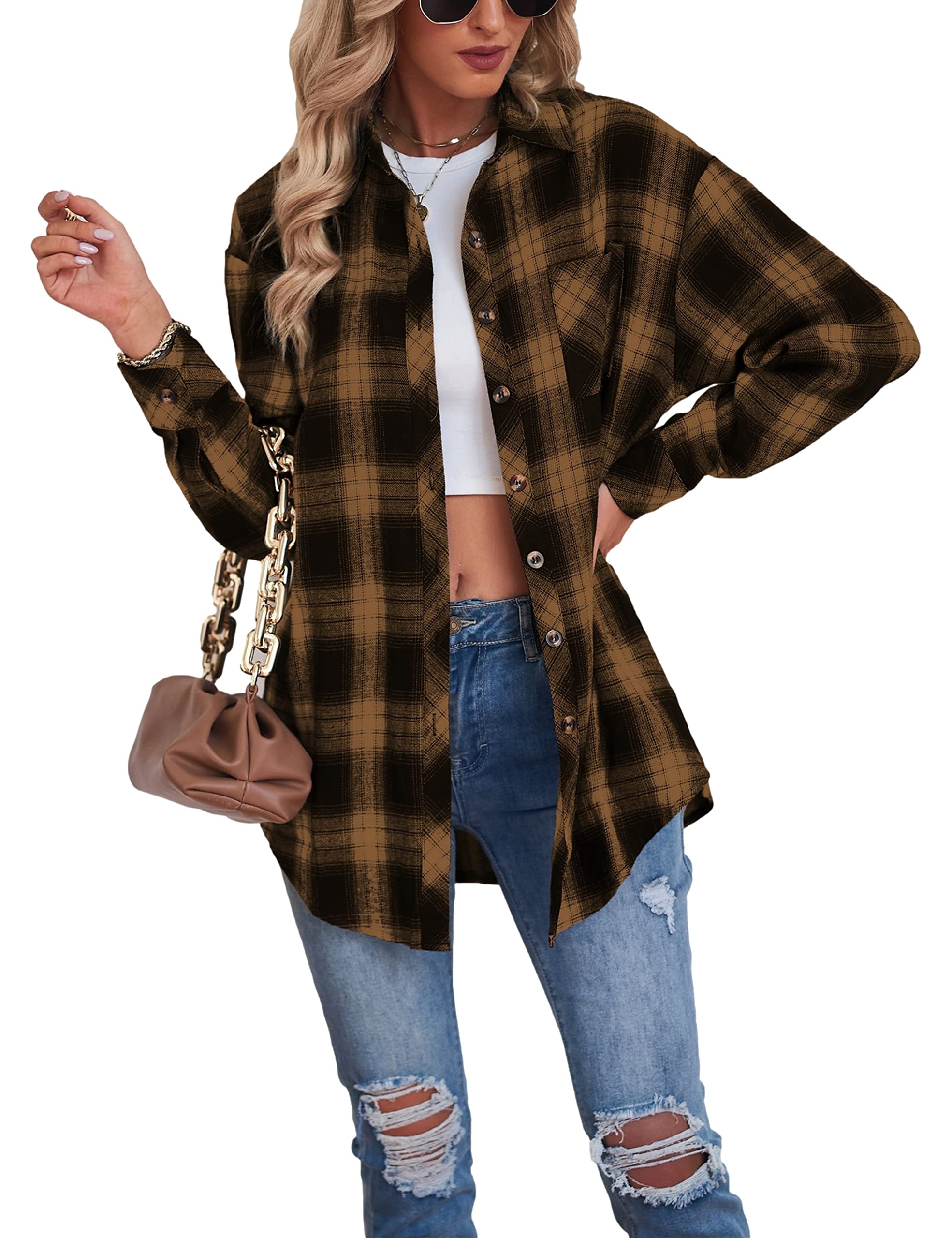Bozanly Button Down Mid Long Plaid Flannel Shirts for Women Lapel Long Sleeve Loose Check Jacket Shacket(0635-Brown-M)
