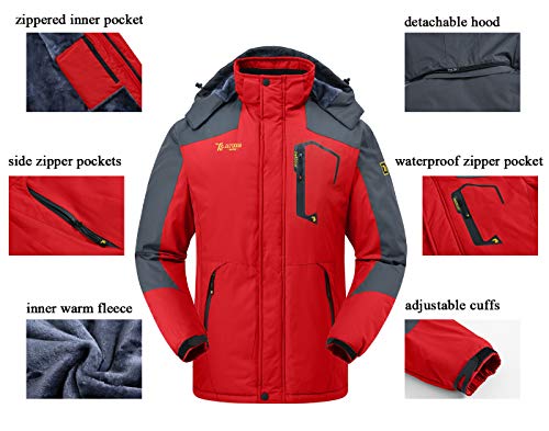 JINSHI Men's Snow Jacket Waterproof Ski Jackets Winter Hooded Mountain Fleece Jacket (Red,M)