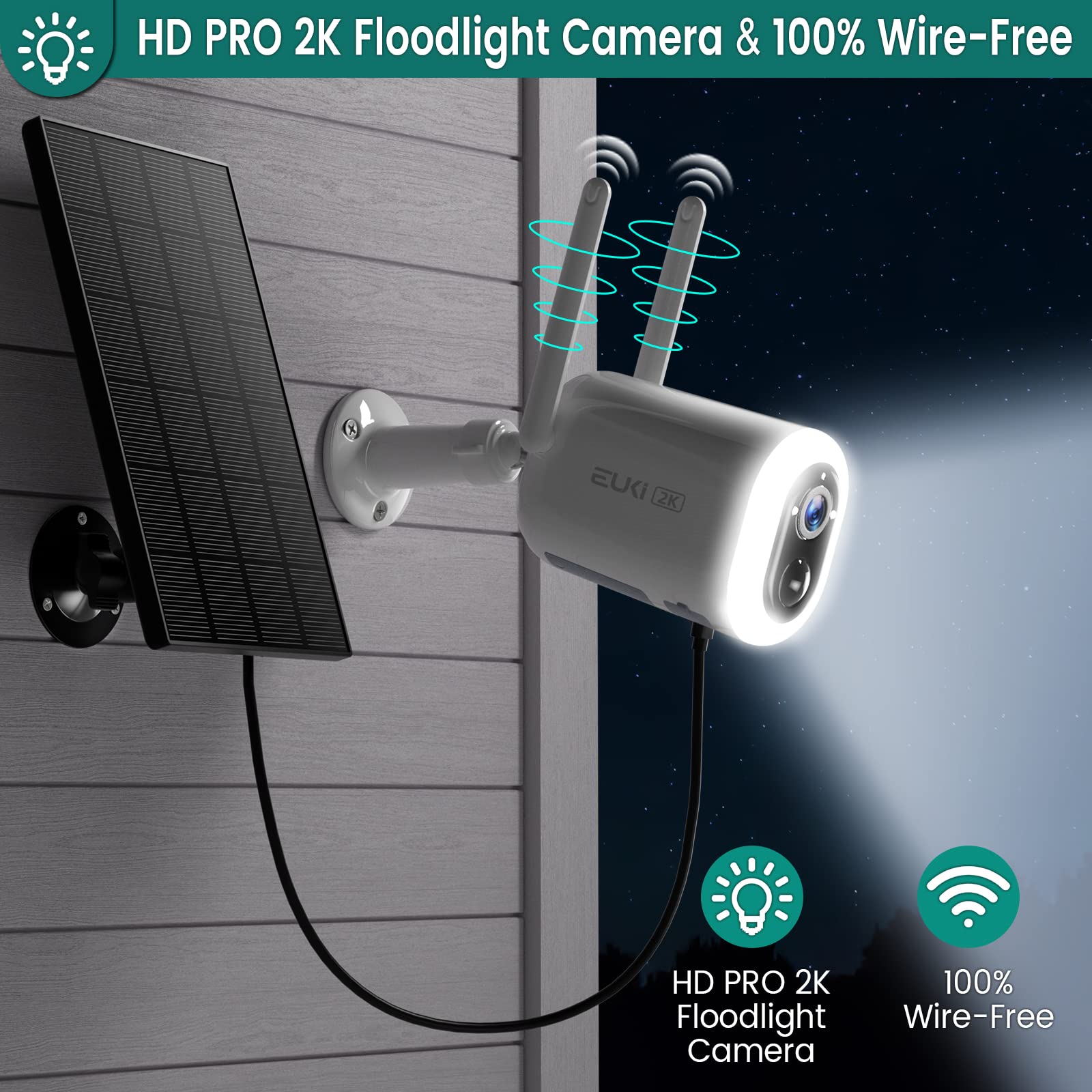 EUKI Solar Security Camera, 2K Security Camera Outdoor, Floodlight Camera, 800 Lumen LED, WiFi, Wireless, Full Color Night Vision, AI Human-Detection, Audible and Visual Alarm, Battery Solar Powered.