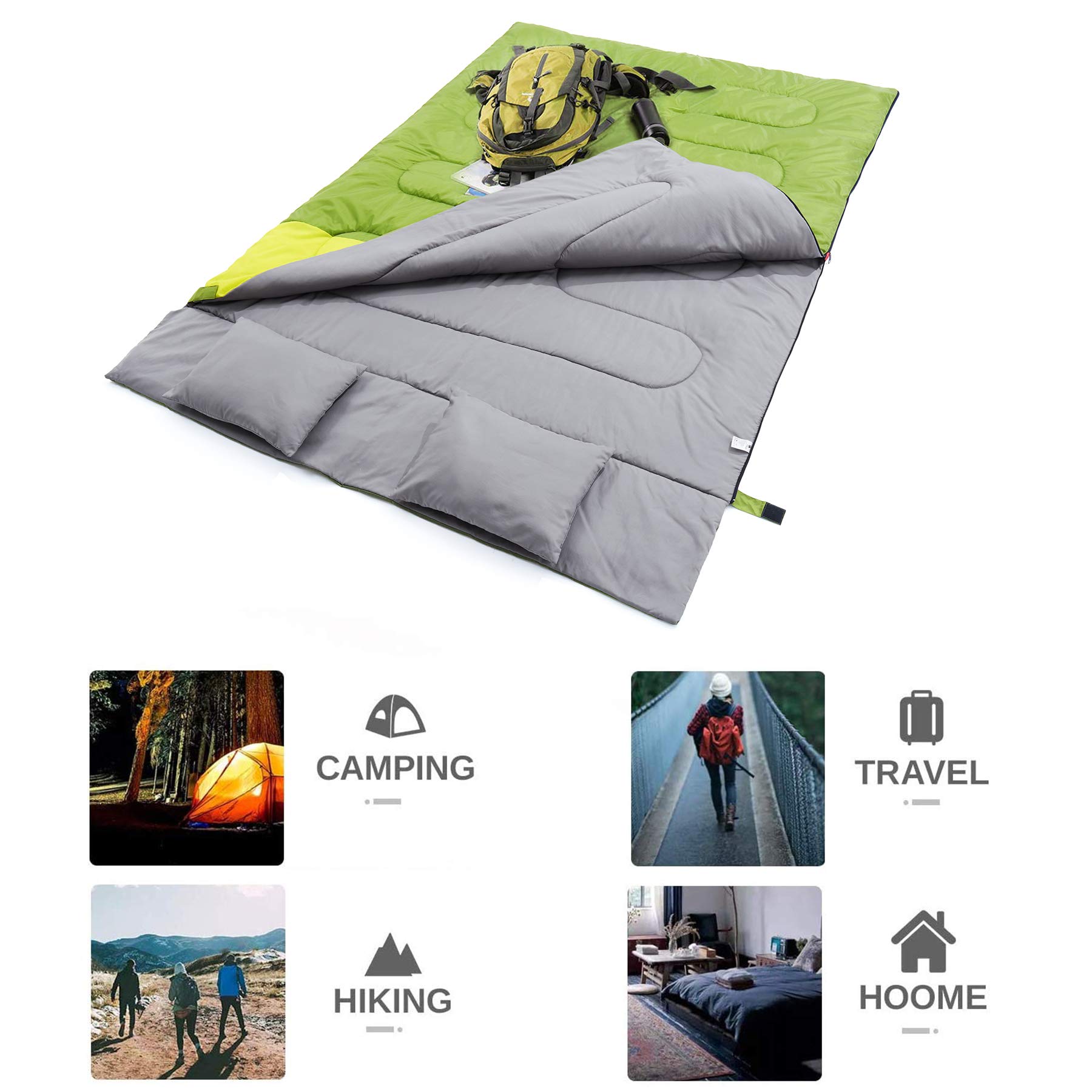 CAMEL CROWN Sleeping Bag for Adults Kids Double Sleeping Bag with 2 Pillows 4 Seasons Warm & Cool Weather Lightweight Backpacking Sleeping Bag for Hiking & Camping (Fruit Green)