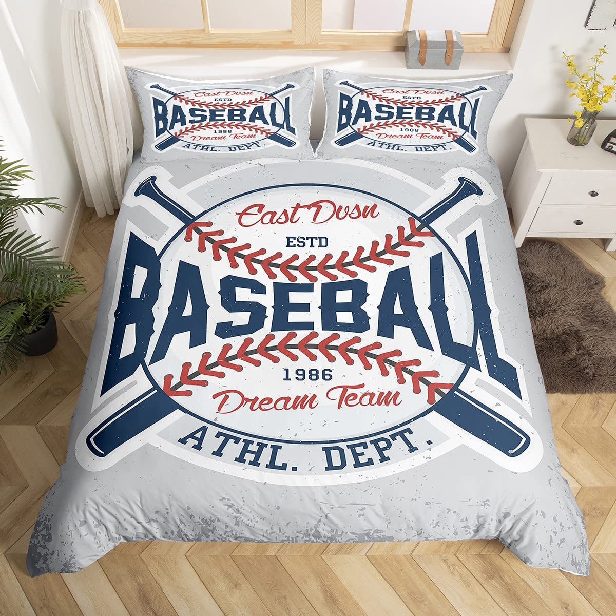 Homewish Sports Themed Bedding Set 2pcs for Kids Boys Teens Vintage Sports Baseball Comforter Cover Soft Polyester Duvet Cover Set with Zipper Ties (1 Duvet Cover + 1 Pillow Case),Twin Size