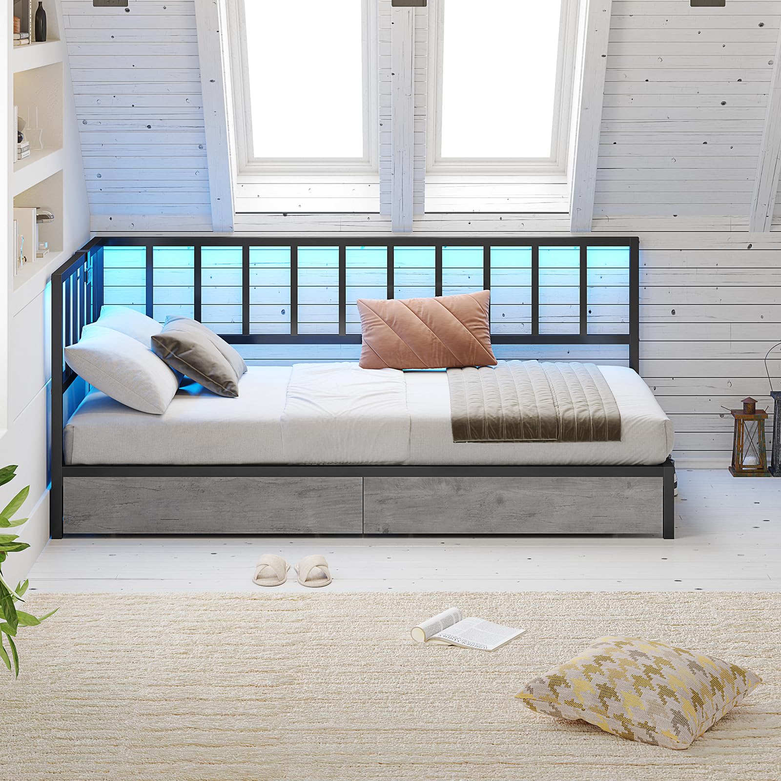 Hasuit Corner Bed Frame Twin Size with LED Light and Charging Station, Modern Twin Bed with 2 Underbed Storage Drawers, Modern Daybed No Box Spring Needed/Noise-Free, Black&Gray