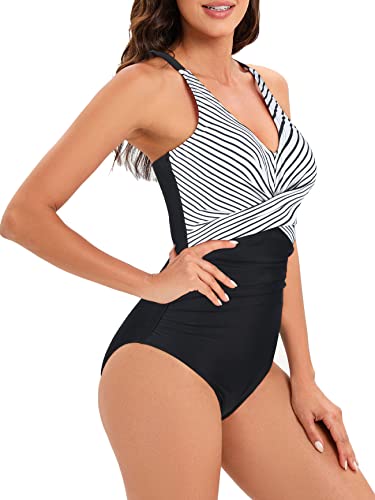 One Piece Bathing Suit for Women Front Cross Athletic Tummy Control Swimsuits V Neck Slimming Swimwear Black White Stripes M