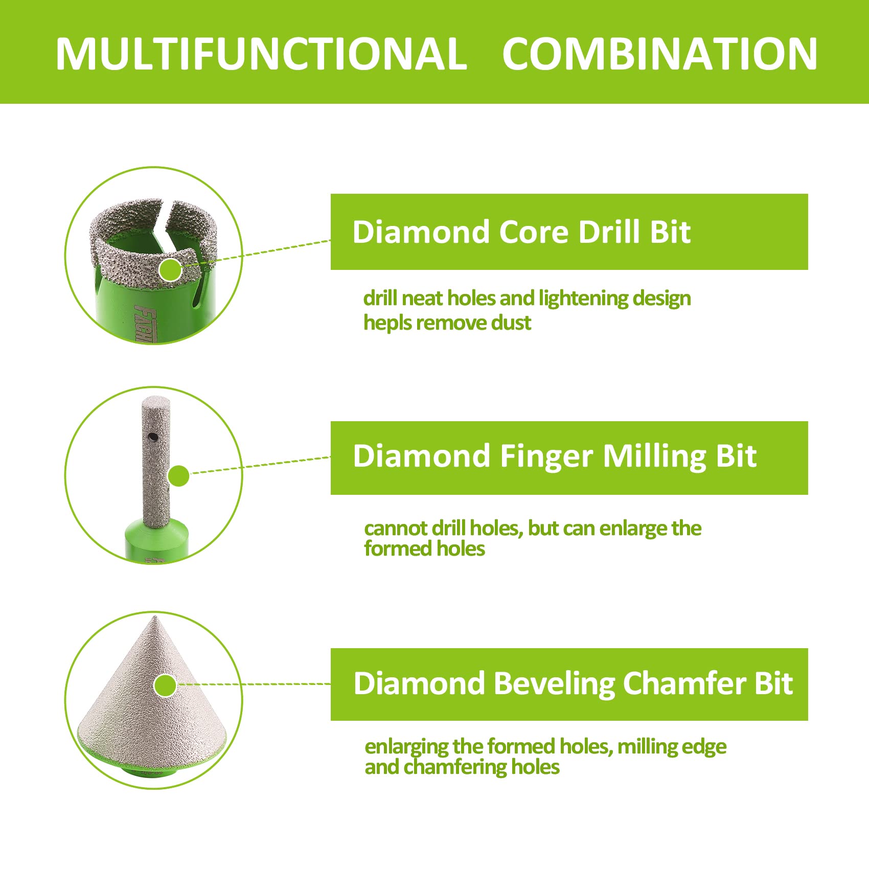 FACHLICH Diamond Core Drill Bits Set - 10pcs Tile Hole Saw Kit 6/8/10/25/35/50/65mm with 2" Diamond Beveling Chamfer Bits for Porcelain Ceramic Tile Granite Marble