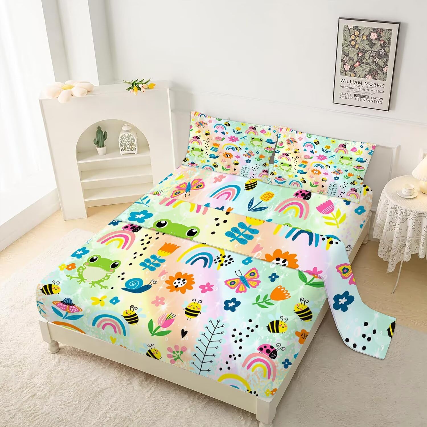 FUYEUN Rainbow Frogs Fitted Sheet Sets,Cartoon Floral Kids Bedding Twin Size for Girls Teens Adults Bedroom Bed, Kawaii Sheets Bedspread Set,1 Flat Sheet 1 Fitted Sheet 1 Pillowcase