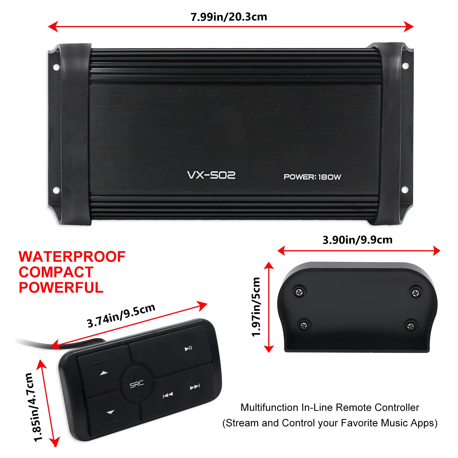 Bluetooth Amplifier 180 Watts 4-Channel And Remote Kit VX502B Black