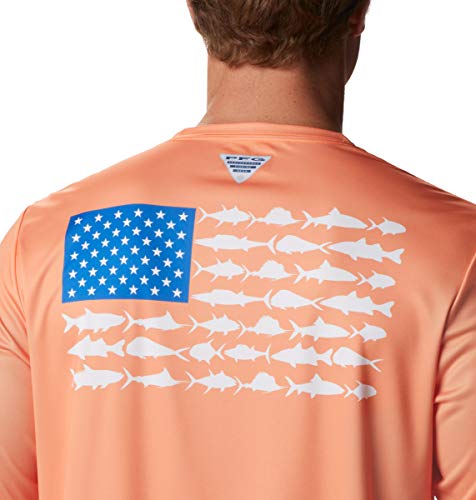 Columbia Men's Terminal Tackle PFG Fish Flag Long Sleeve Shirt, Moisture Wicking, Sun Protection, Bright Nectar/Vivid Blue, XX-Large