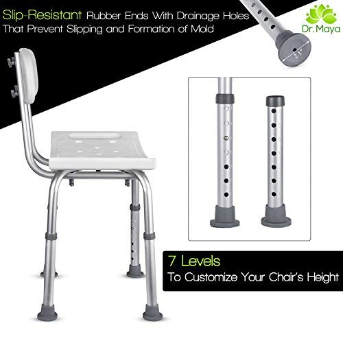 Dr. Maya Bath and Shower Chair Seat with Back (Adjustable) - Anti-Slip Bench Bathtub Stool for Elderly or Seniors (Bathroom Safety) - with Free Suction Assist Grab Bar