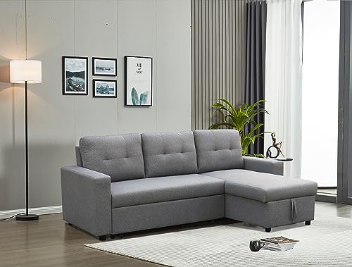 INSTORY Linen Sofa Bed Convertible Sectional Sofa Reversible Pull Out Couch Bed L-Shaped Sleeper Sofabed with Storage Chaise for Living Room