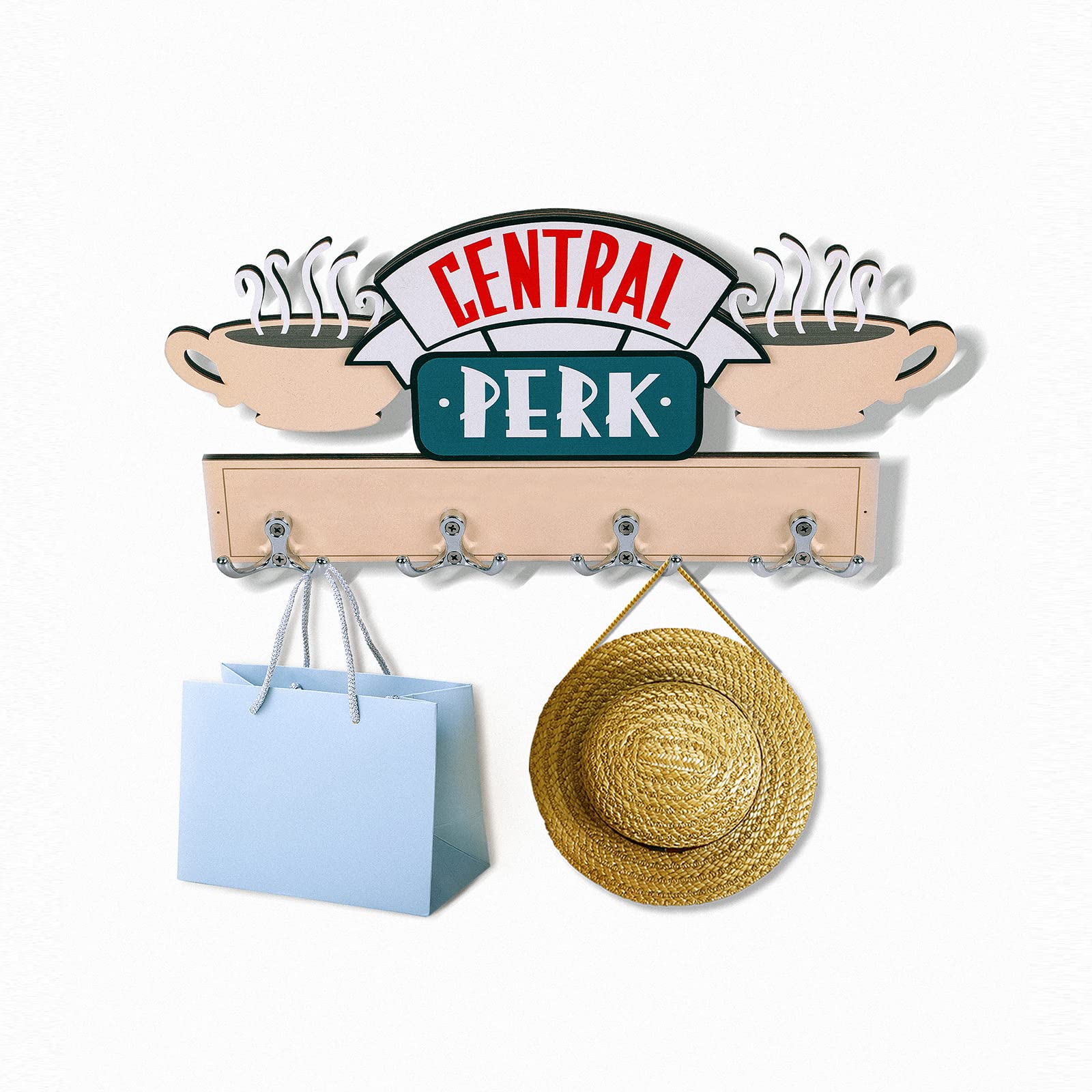 KINVI Friend TV Show Merchandise Key Holder &Central Perk Keychain Cute Home Gift for Lovers,Coffee Cup Handmade Coat Hooks,Vintage Home Decorative Wall, Organizer Mail Coat Holder for Wall.