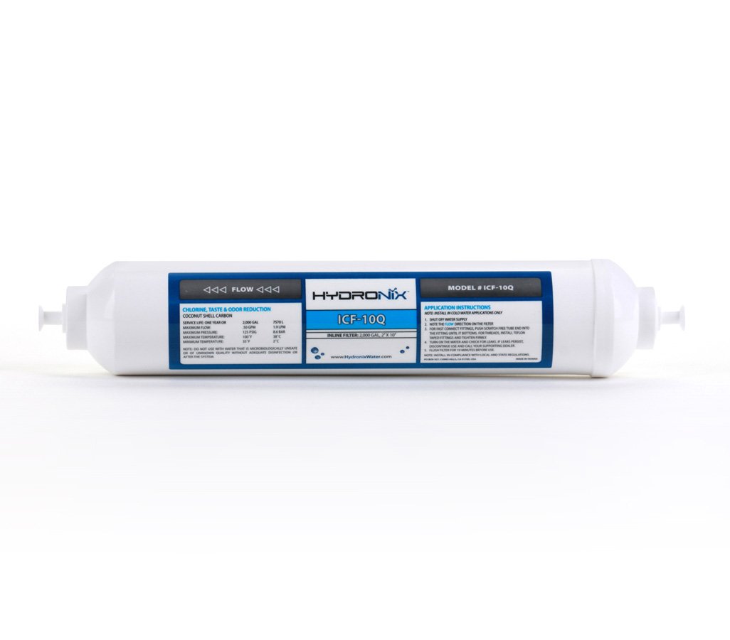 Hydronix ICF-10Q Inline Reverse Osmosis Post, Fridge & Ice Coconut GAC Water Filter 2000 Gal, 1/4" Quick Connect