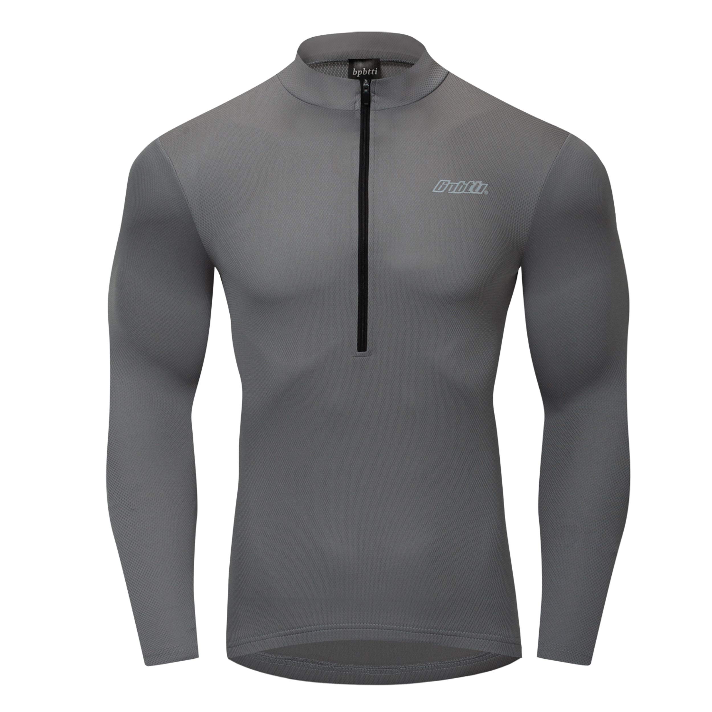 bpbtti Men's Solid Color Cycling Jersey Long Sleeve Bike Biking Shirts with Half Front Zipper (Medium Chest 37-39",Ice Grey)