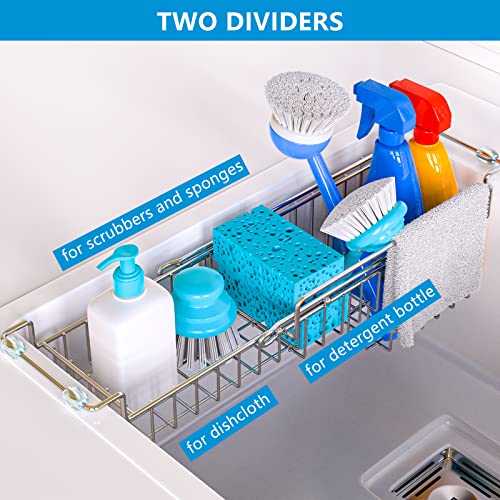 FixOwl Over The Kitchen Sink Caddy Kitchen Sink Organizer Sponge Holder 304 Stainless Steel Expandable Over Sink Rack 12.25" to 17.25"