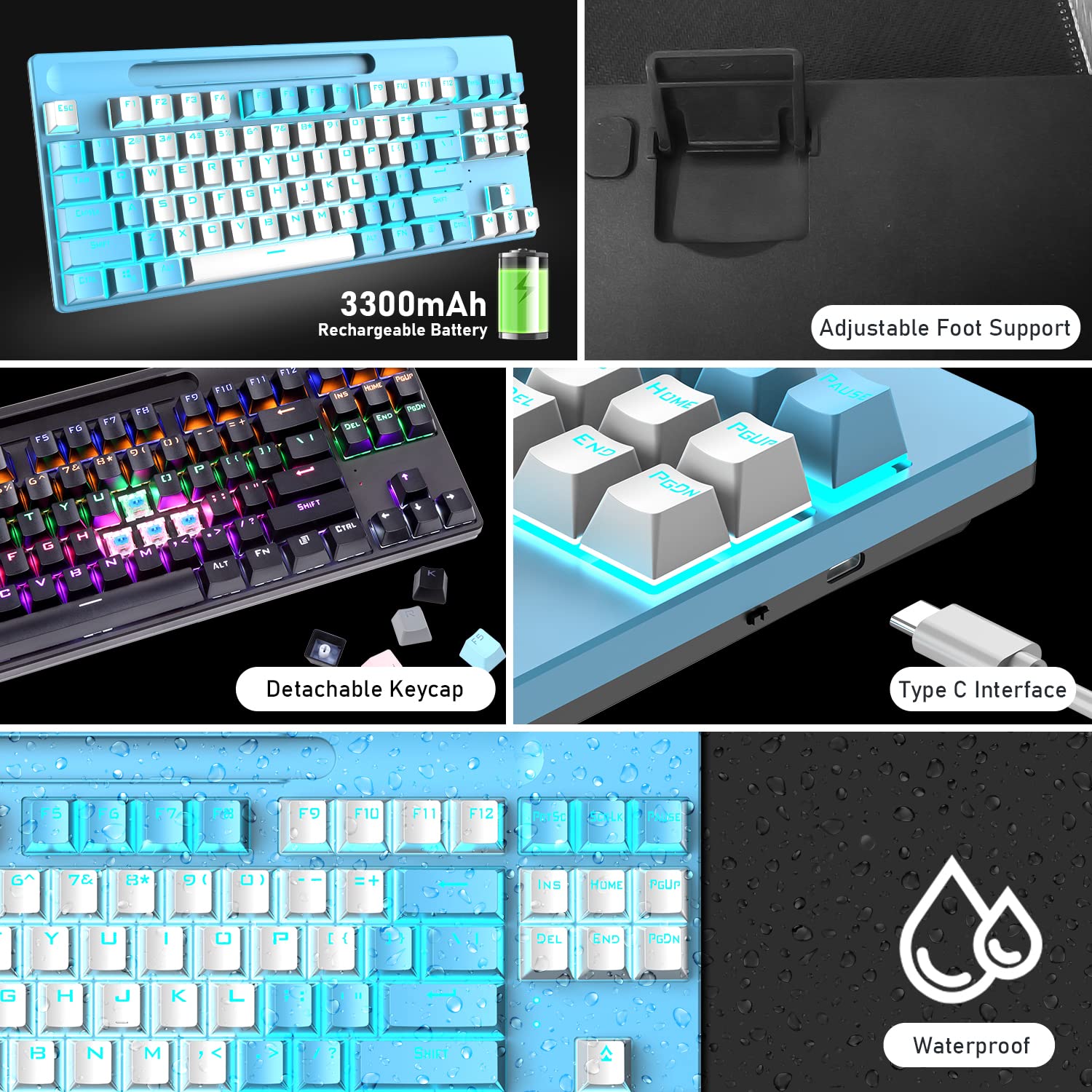 Bluetooth Mechanical Gaming Keyboard with LED Backlit 87 Anti-Ghosting Key Ergonomic Metal Plate Wired/Wireless 2.4Ghz USB Receiver Rechargeable 3300mAh Battery for PC Mac Gamer (Red Mix/Blue Switch)