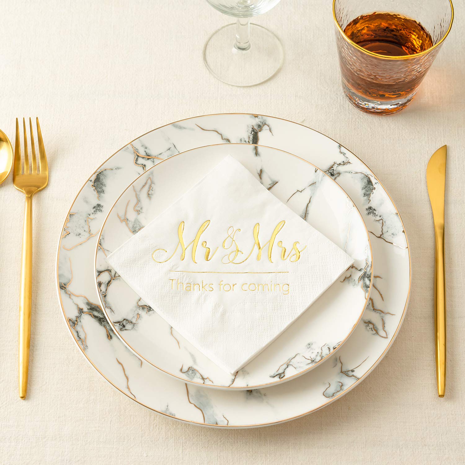 Crisky Napkins Mr and Mrs Gold Cocktail Beverage Dessert for Wedding Shower Engagement Party Decorations, Cake Table Decor Supplies. 100 Pcs, 3-Ply