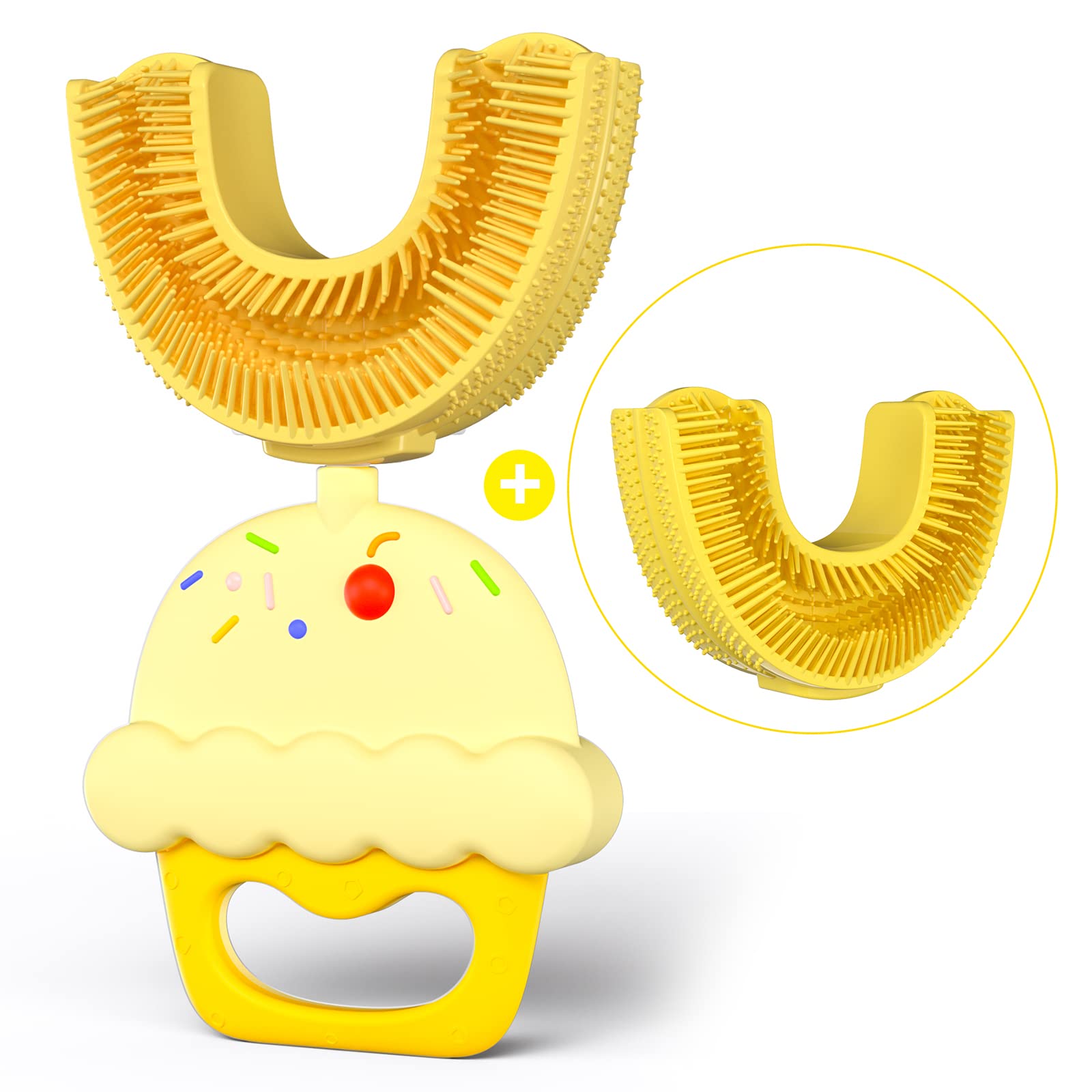 Kids U-Shaped Toothbrush,Soft Silicone Toothbrush Head, Manual Training Tooth Brush, 360° Oral Teeth Cleaning Design for Toddlers and Children Age 6-12,Yellow