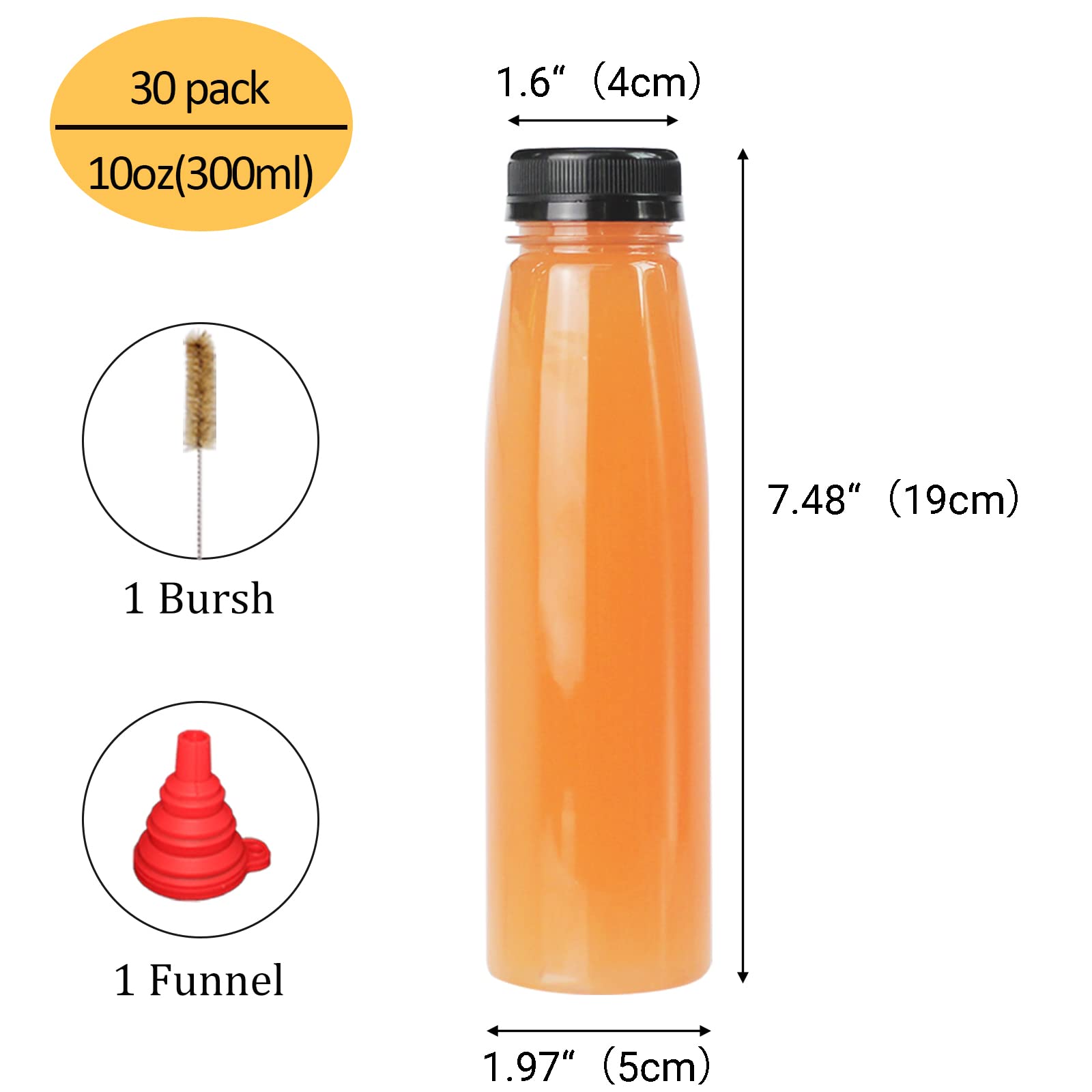BPFY 30 Pack 10oz Empty Plastic Juice Bottles with Caps Reusable Clear Beverage Containers with Black Tamper Evident Lids, Funnel, Plastic Smoothie Bottles for Juice, Milk, Water, Coffee