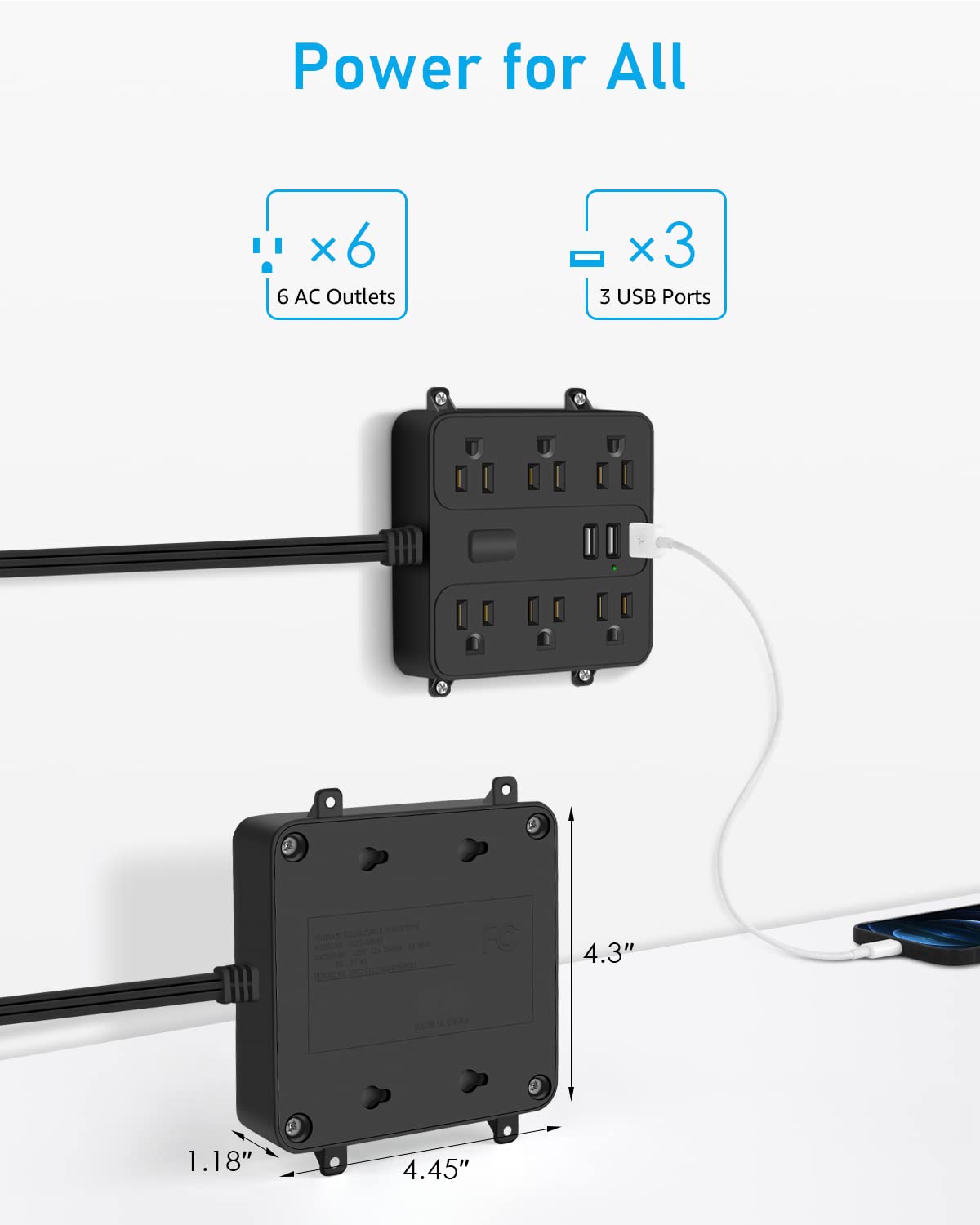 Flat Plug Power Strip, HEZI 6ft Flat Extension Cord, Surge Protector with 3 USB Ports & 6 Outlets Extender Slim Wall Mount Charging Station for Home Office Desk Black, with Plug