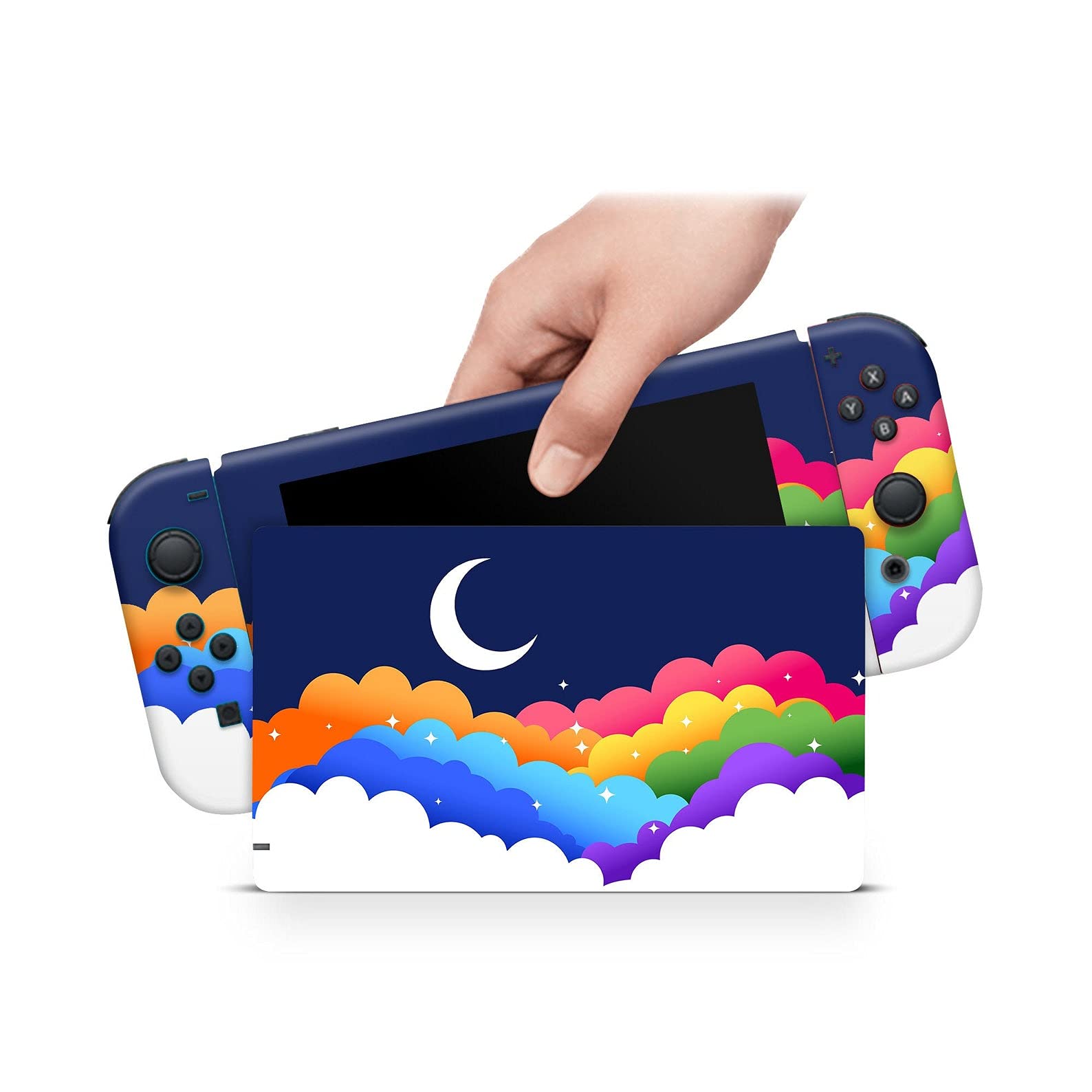 ZOOMHITSKINS Compatible with Switch Skin Cover Rainbow Clouds Cute Blue White Cartoon Anime Vinyl Decal Sticker Wrap, Made in The USA