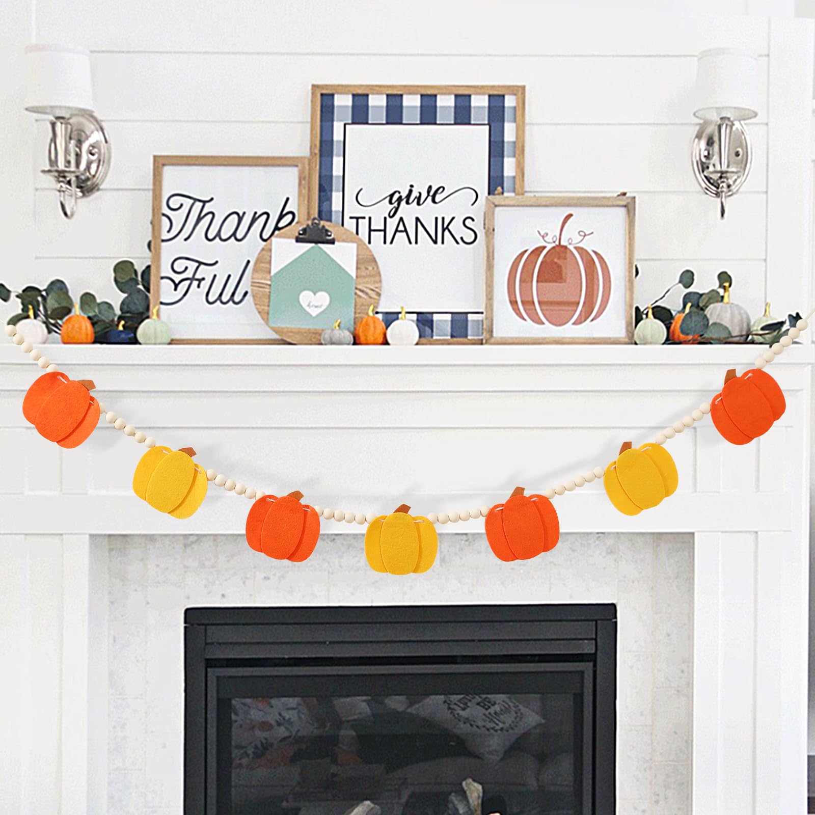 Fall Decor-Fall Decorations for Home-Felt Pumpkins Wood Bead Garland for Fall Decor- Halloween Thanksgiving Farmhouse Felt Pumpkins Banner for Fireplace Mantel Walls