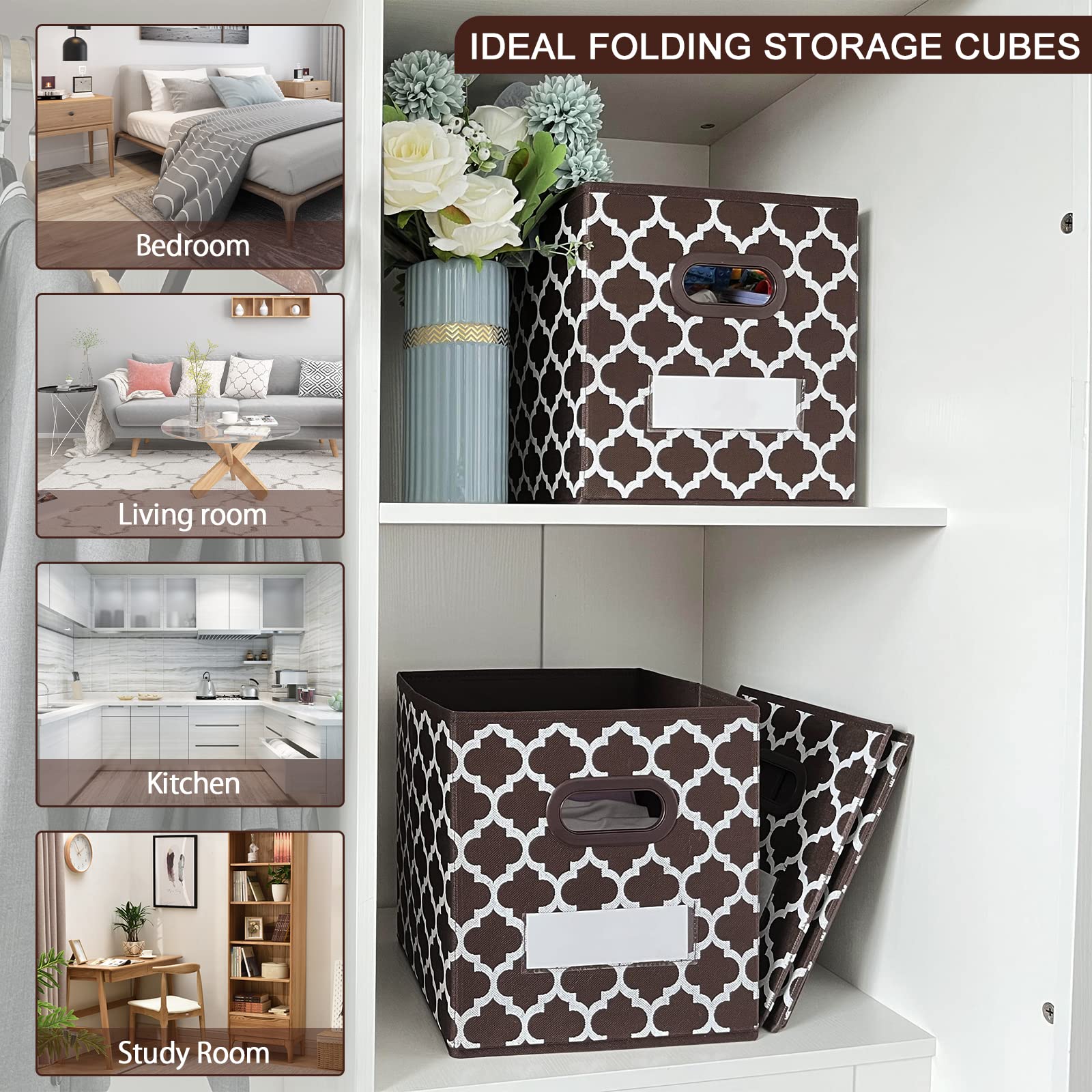 homyfort 11 Inch Cube Storage Organizer Bins-Foldable Fabric storage Cubes Bin Container Box with 2 Plastic Handles for Boys,Girls,Nusery,Clothes,Pantry Closet,Shelf,Kids Room Set of 6 (Deep Coffee)