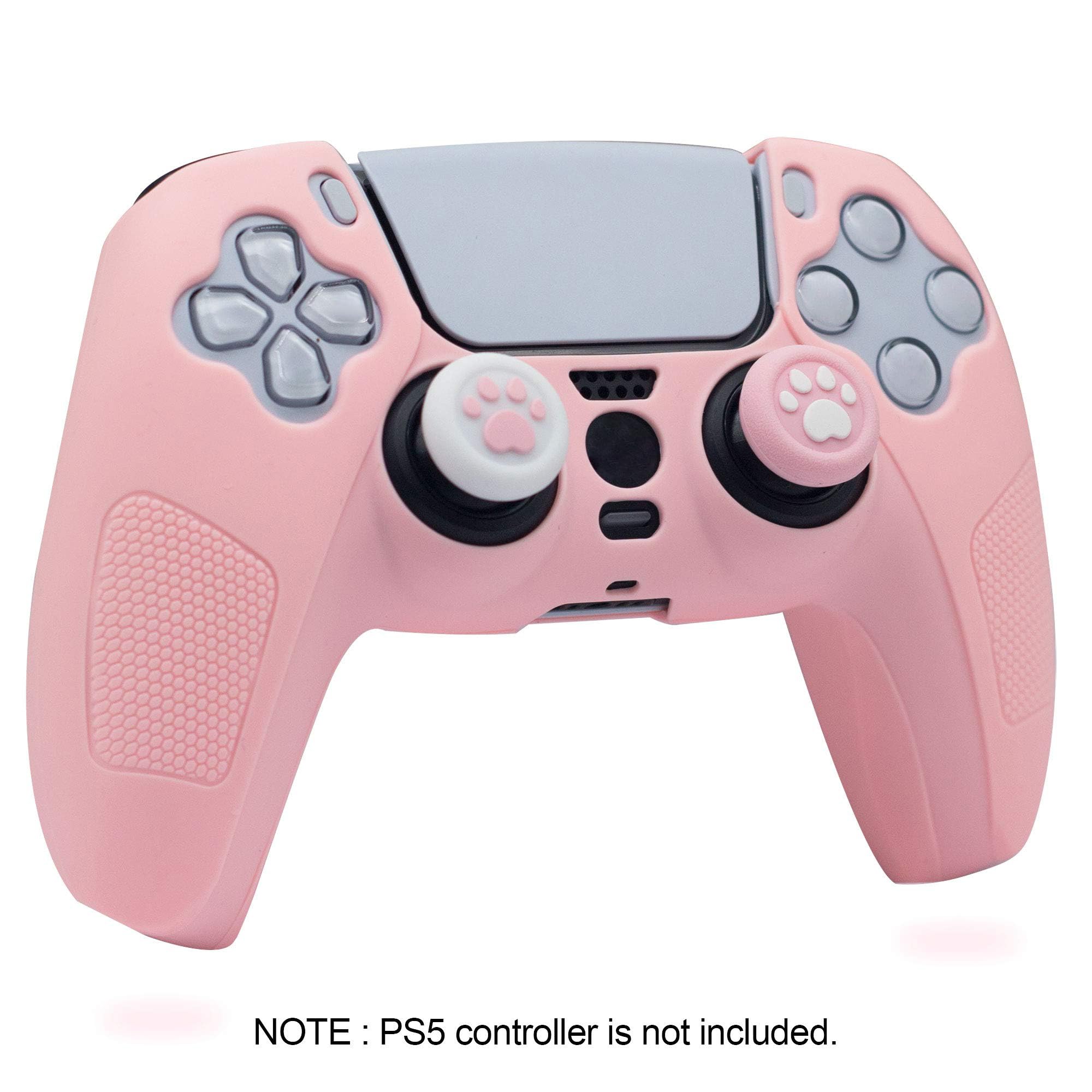 BRHE Skin for PS5 Controller Grip Cover Anti-Slip Silicone Protector Rubber Case Cute Kawaii Accessories Set Gamepad Joystick Shell with 2 Thumb Grip Caps (Full Covered, Pink)
