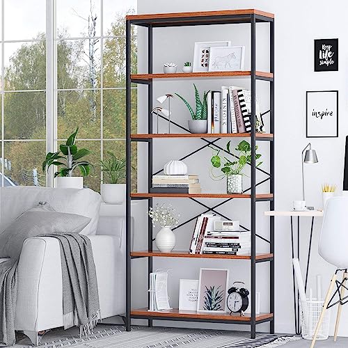 OPPSDECOR 6 Tier Industrial Bookshelf 71" Tall Open Bookshelves and Bookcases Vintage Standing Storage Shelf Freestanding Display Shelf for Living Room Bedroom-Black Metal Frame & Wood(US Stock)