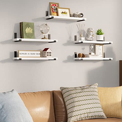 Fixwal Floating Shelves, Width 4.7 Inches Wall Shelves Set of 5, Rustic Wood Wall Storage Shelves for Bedroom, Living Room, Kitchen, Bathroom, Office and Plants (White)