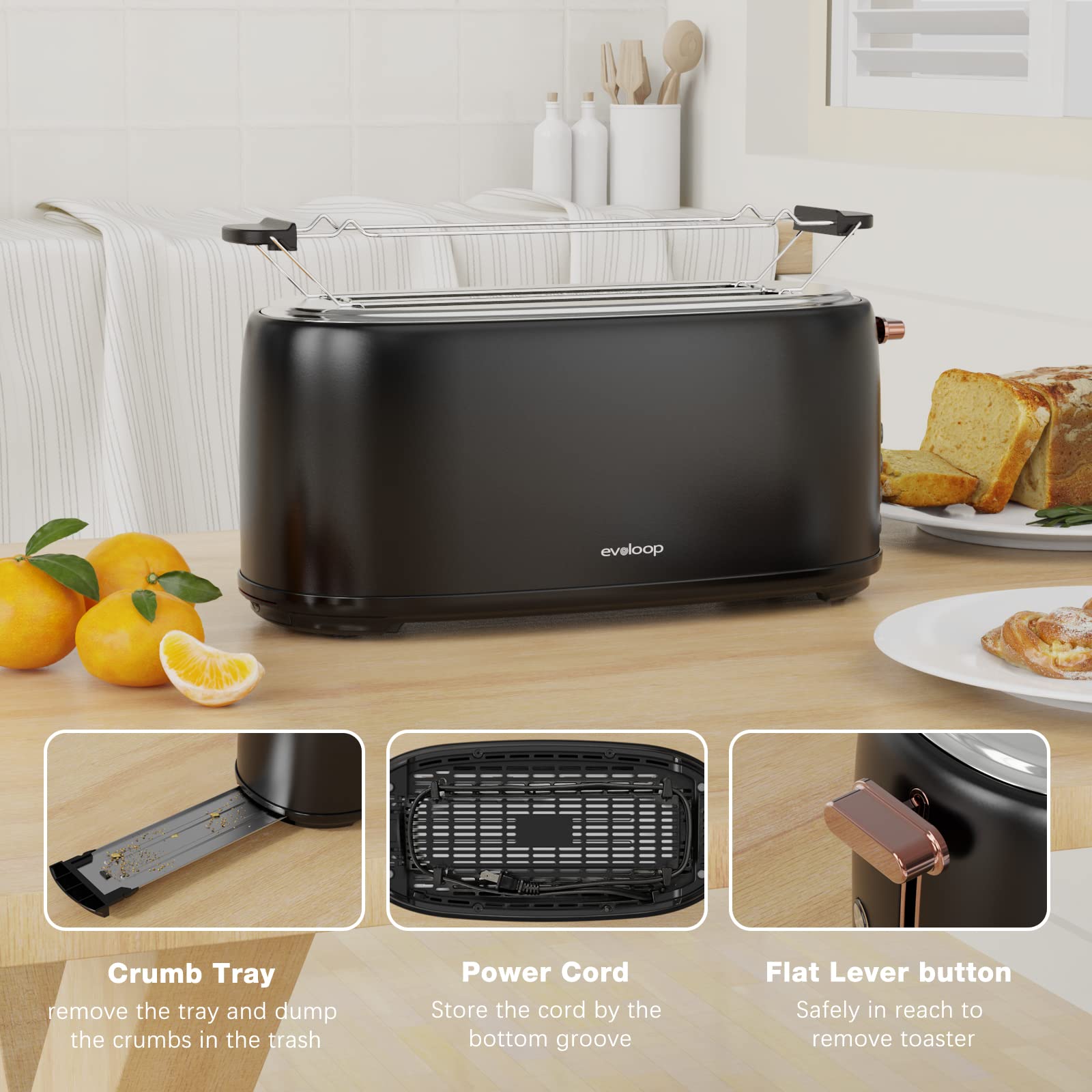 Evoloop Toaster 4 Slice, Stainless Steel Bread Toasters, 6 Bread Shade Settings, Reheat, Bagel, Defrost, Cancel Function, 1.5" Extra Wide Slots,Removable Crumb Tray(Black)