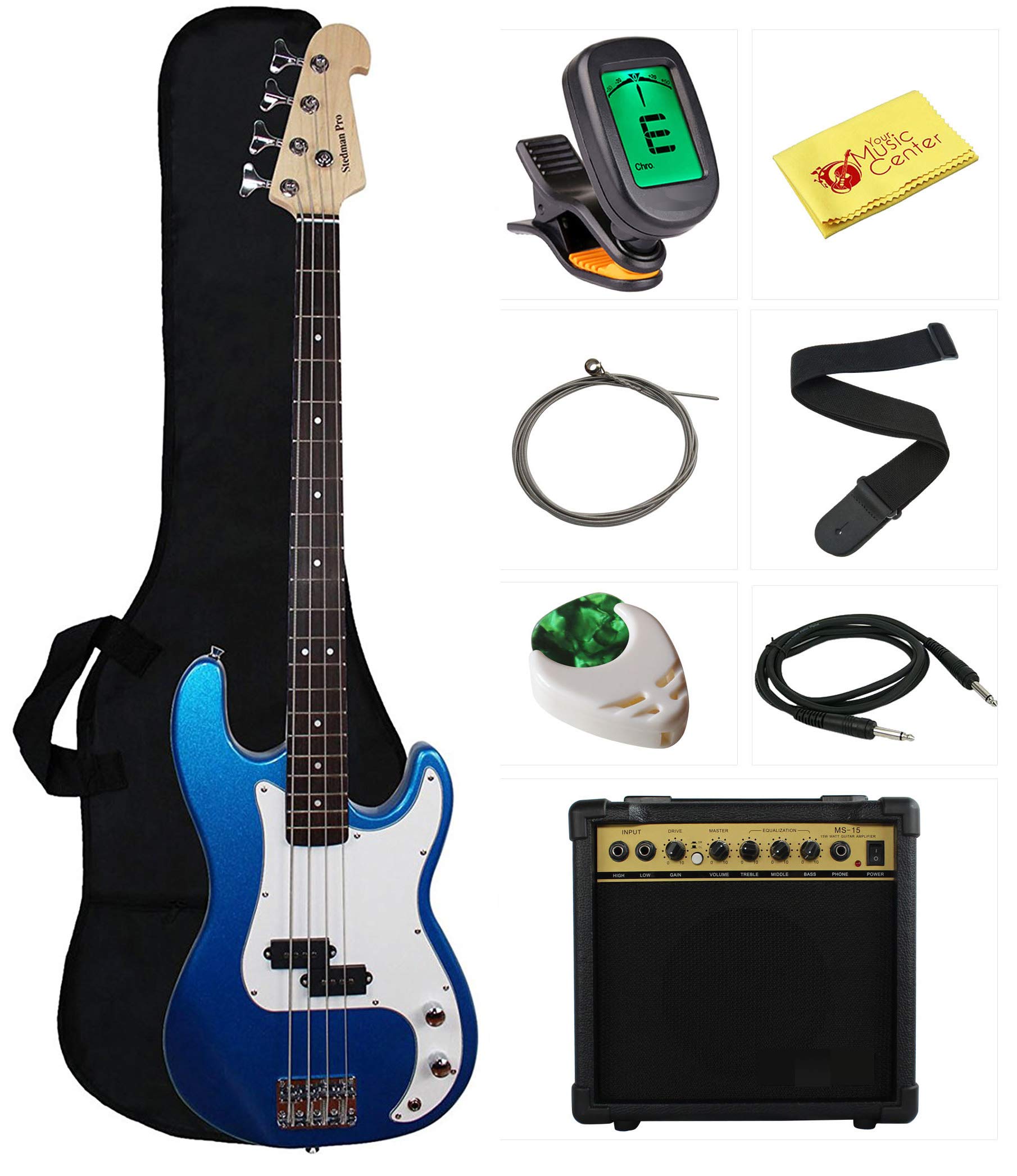 Stedman Beginner Series Bass Guitar Bundle with 15-Watt Amp, Gig Bag, Instrument Cable, Strap, Strings, Picks, and Polishing Cloth - Metallic Blue