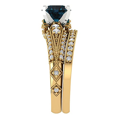 Clara Pucci 2.07ct Round Cut Pave Solitaire with Accent Natural London Blue Topaz Statement Bridal Ring Band Set 14k 2 Tone Gold 8.5