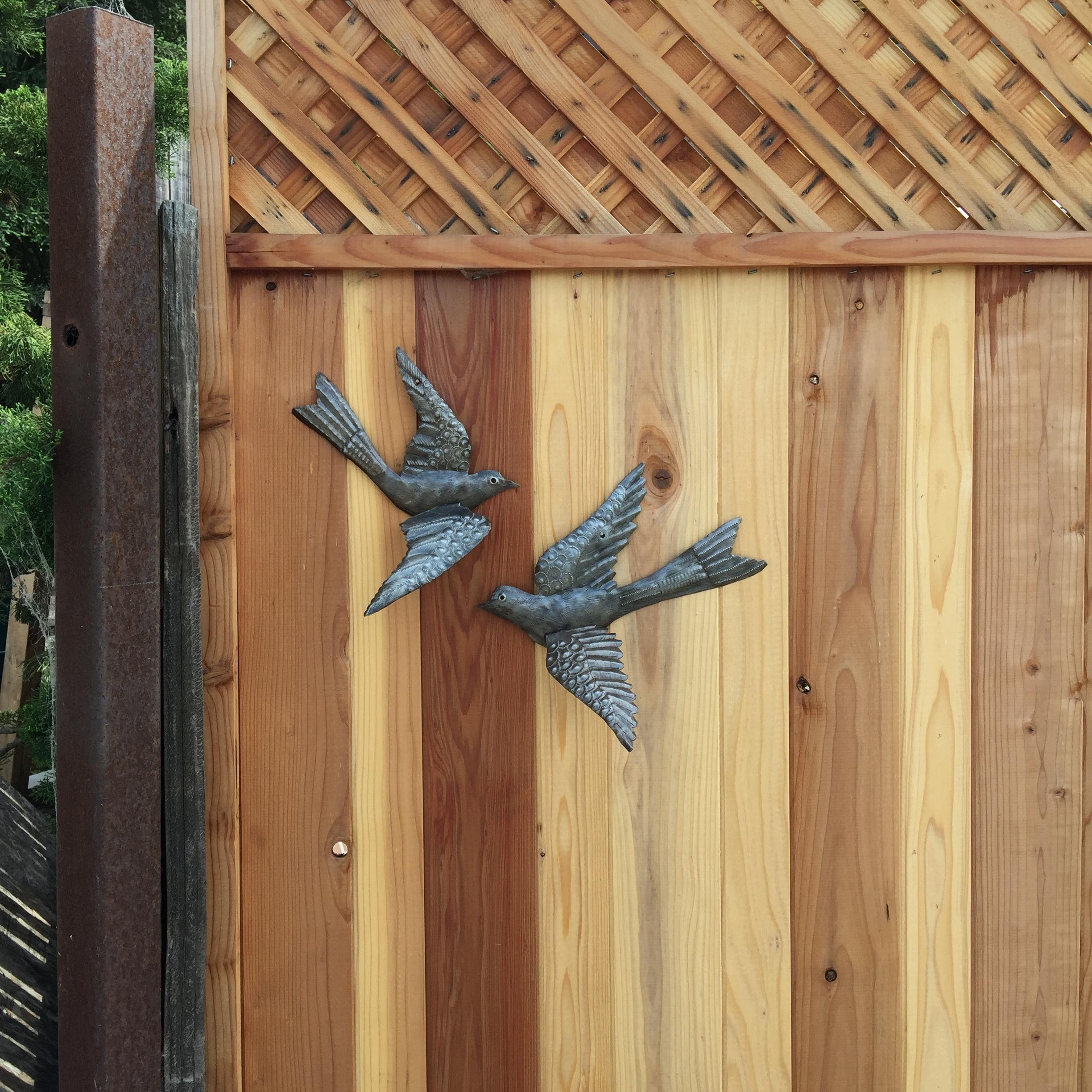 Set of 2 Garden Birds, Spring Home Accent Decor, 3D Wings, Metal Wall Hanging, Indoor Outdoor Display, Handmade 11 x 13 Inches