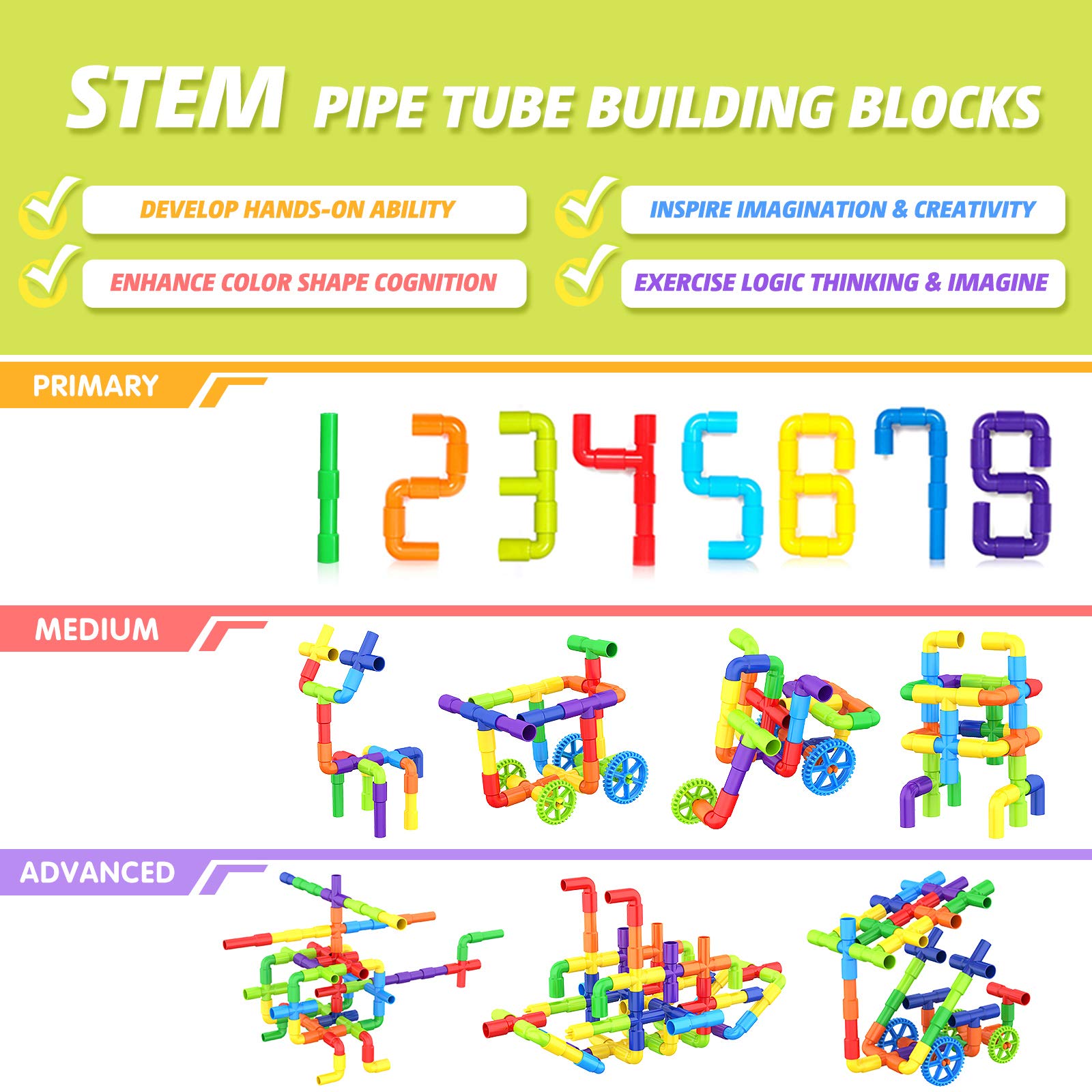 STEM Toy Pipe Tube Building Set for Kids, 175 Pcs Tube Locks Construction Building Blocks Set with Storage Container Box, Pipe Building Toys for Boys Girls Age 3+, Multicolor Educational Toy Gift