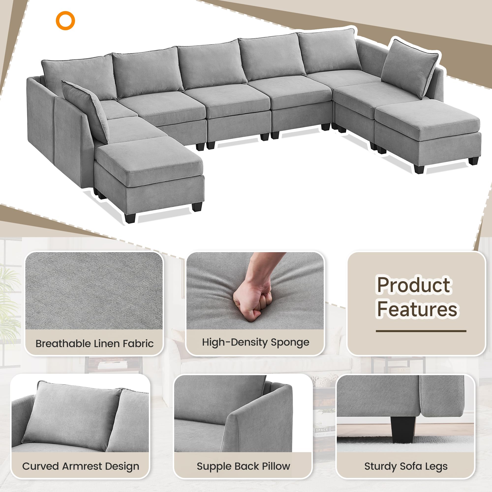 GAOMON 163'' Sectional Sofa with Storage Seats,9 Seat Convertible U Shaped Sofa with Large Reversible Chaise, Linen Fabric Modular Sofa Sectional Couches with Ottomans for Living Room,Grey