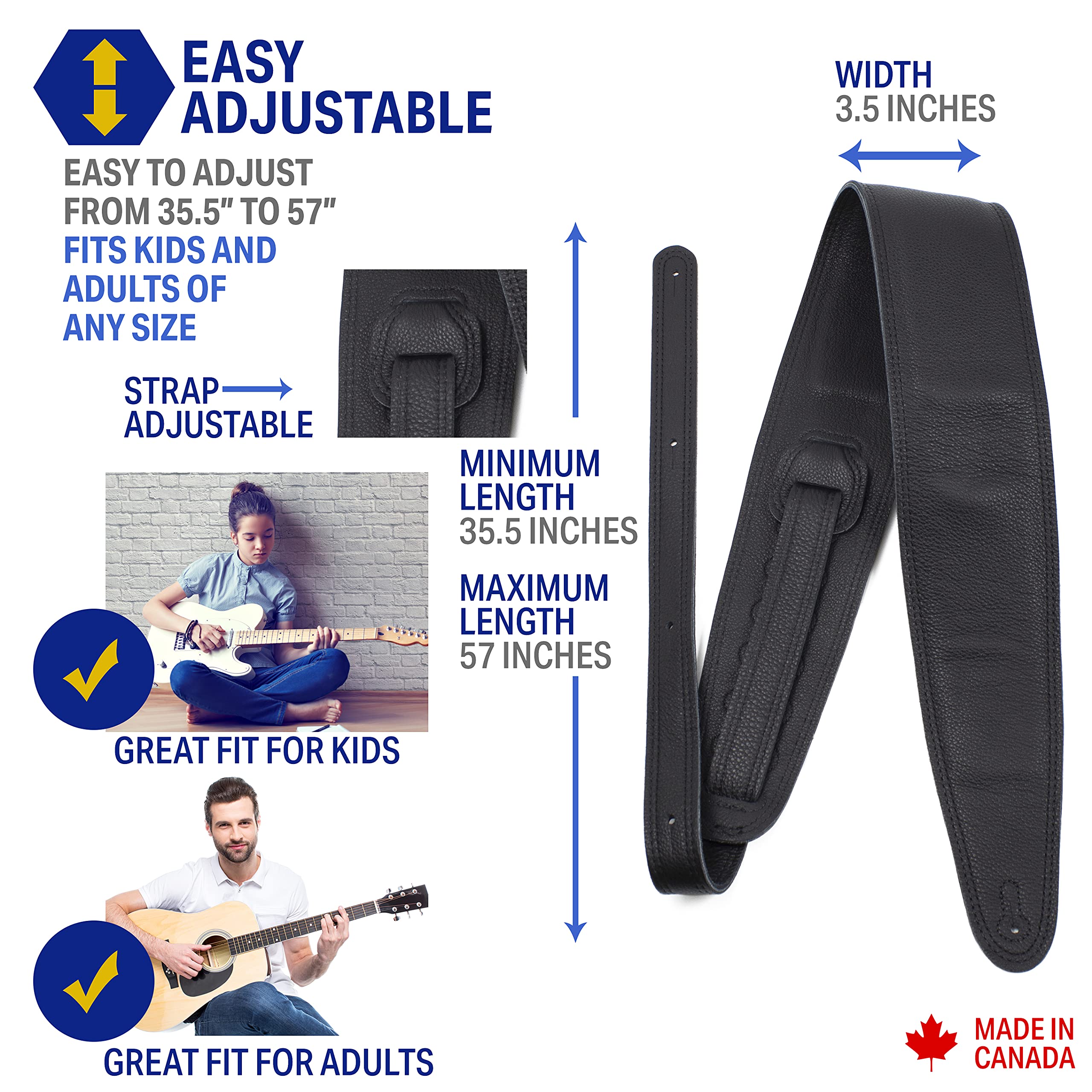 Perri's Leathers, Padded Leather Guitar Strap, Black, Anti-Slip, Classic, Suitable for Each Level, Adjustable from 41" to 56" Inch, Compatible w/All Button Lock Systems