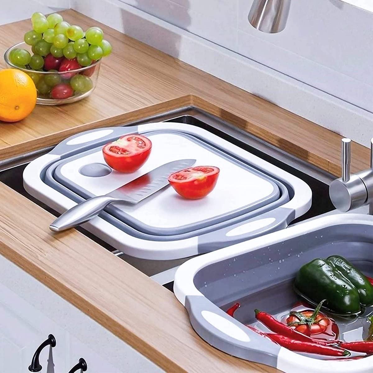 Collapsible Cutting Board with Wash Basin and Drainage Hole; BBQ Prep Tub and Camping Cutting Board; Space-Saving Collapsible Camping Dish Tub Sink RV and Camper Kitchen Must Have Accessory Grey